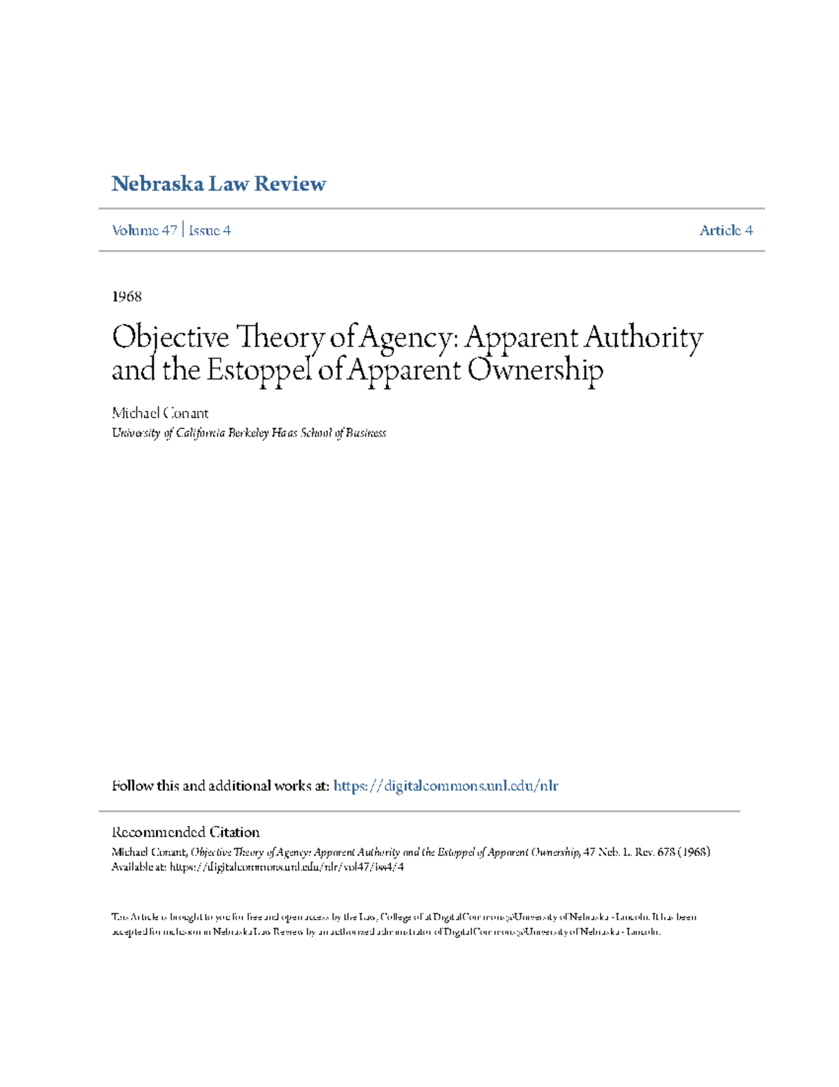 Conant, 'Objective Theory of Agency Apparent Authority and the Estoppel ...