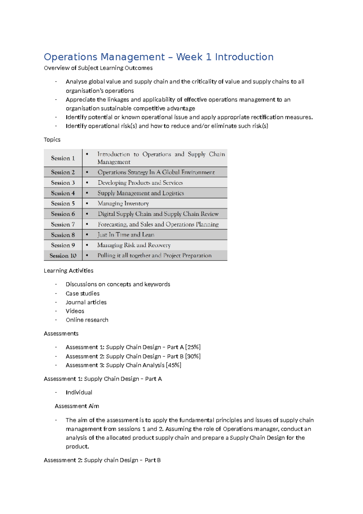 Operations Management - Week 1 - Operations Management – Week 1 Introduction Overview of Subject ...