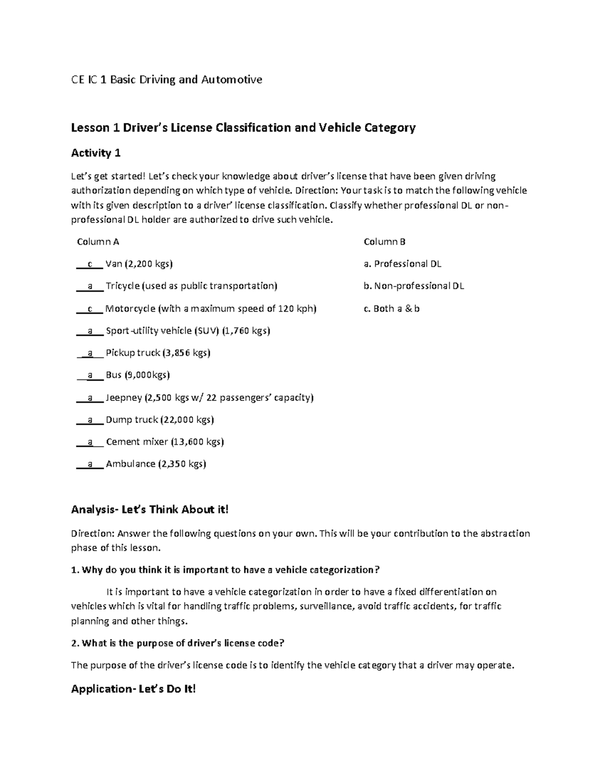 CE IC 1 Lesson 1 Answers - CE IC 1 Basic Driving and Automotive Lesson ...
