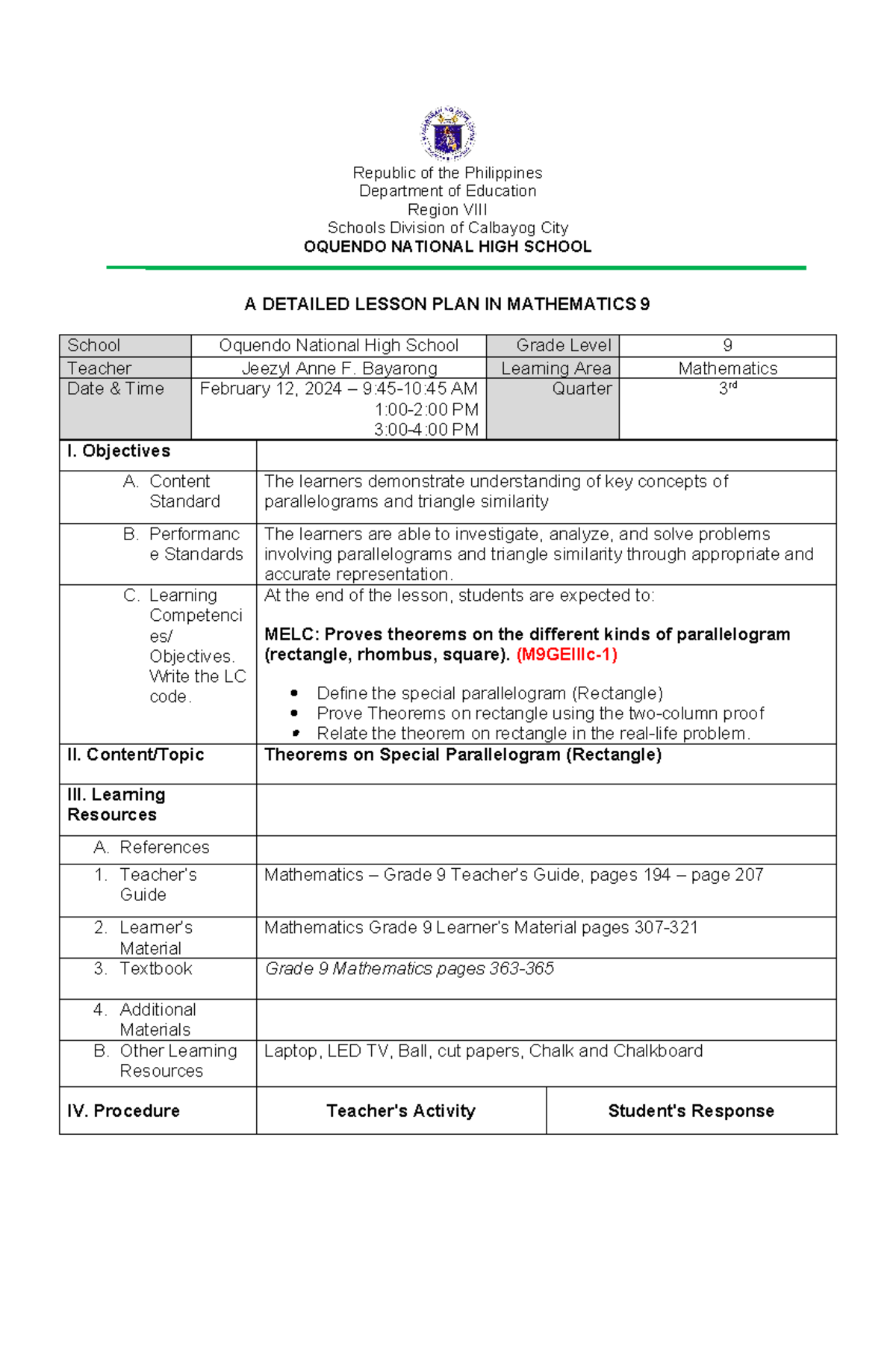 1. Theorems on Rectangle-DLP - Republic of the Philippines Department of Education Region VIII ...