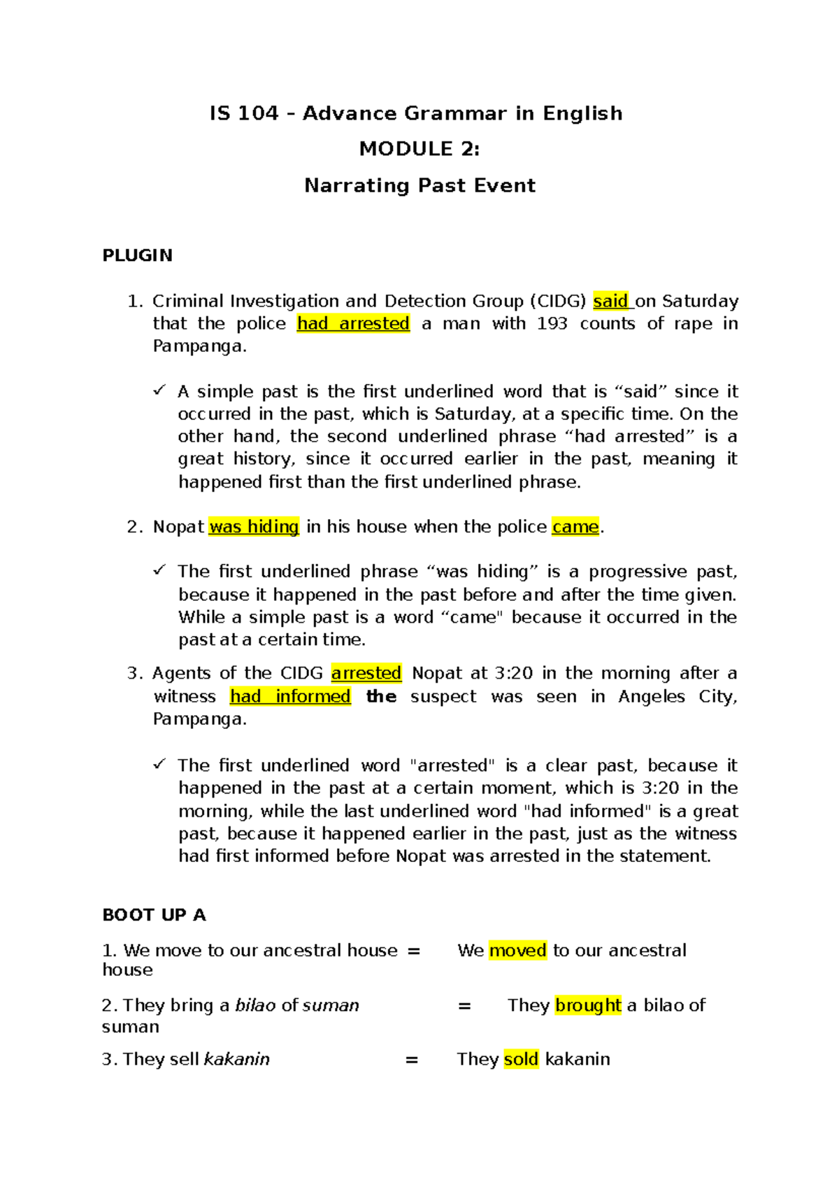 IS 104 – Advance Grammar in English - Module 2 - Narrating Past Event ...