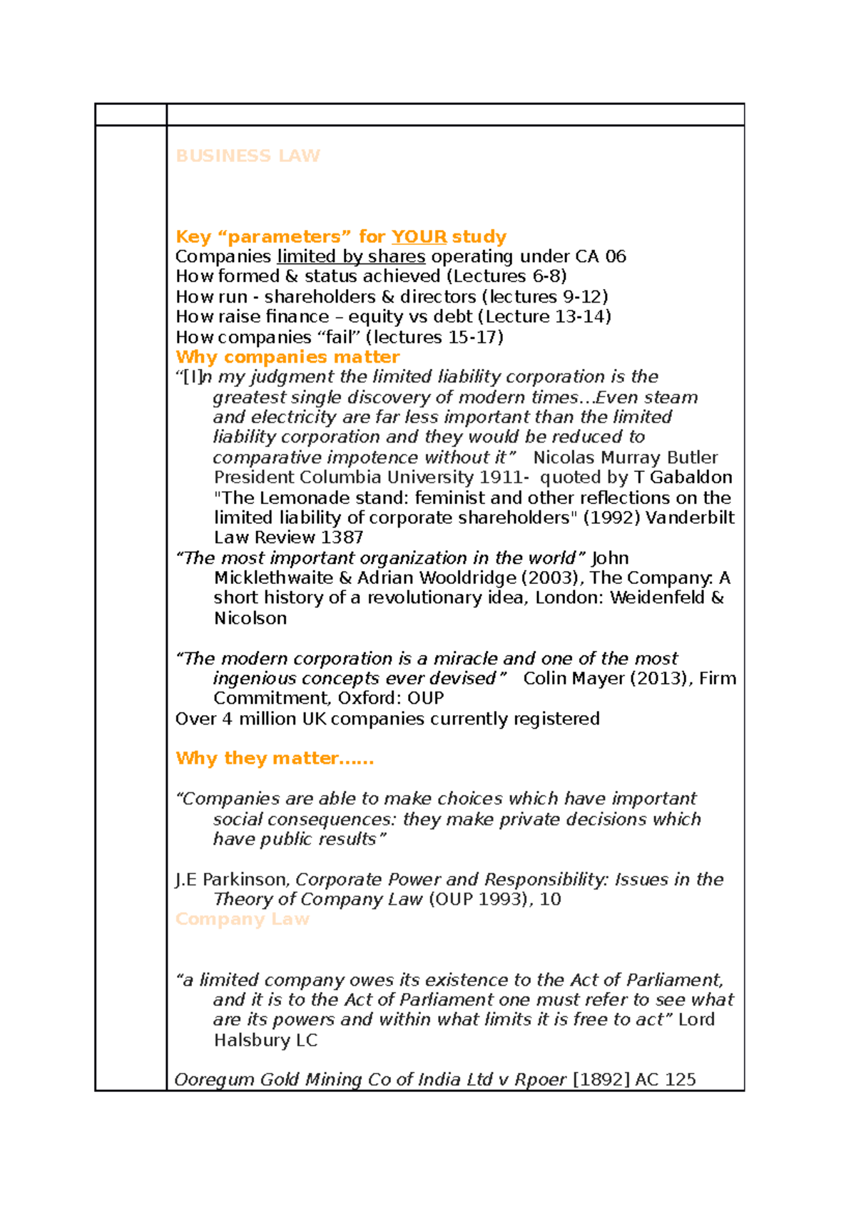 Business Law lecture notes 6-8 - BUSINESS LAW Lectures 6 – 8 Company ...
