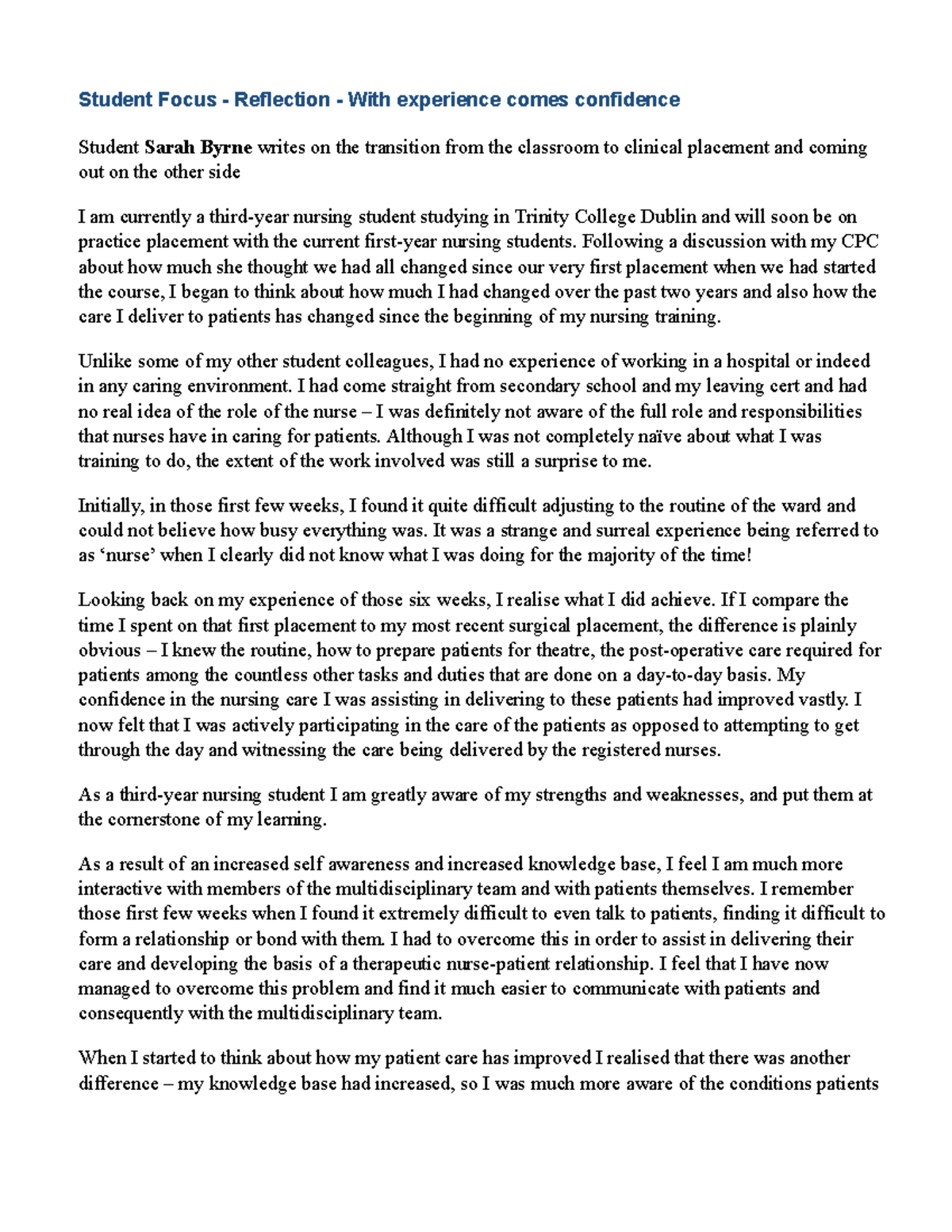 Student Focus - Reflection - With experience comes confidence ...