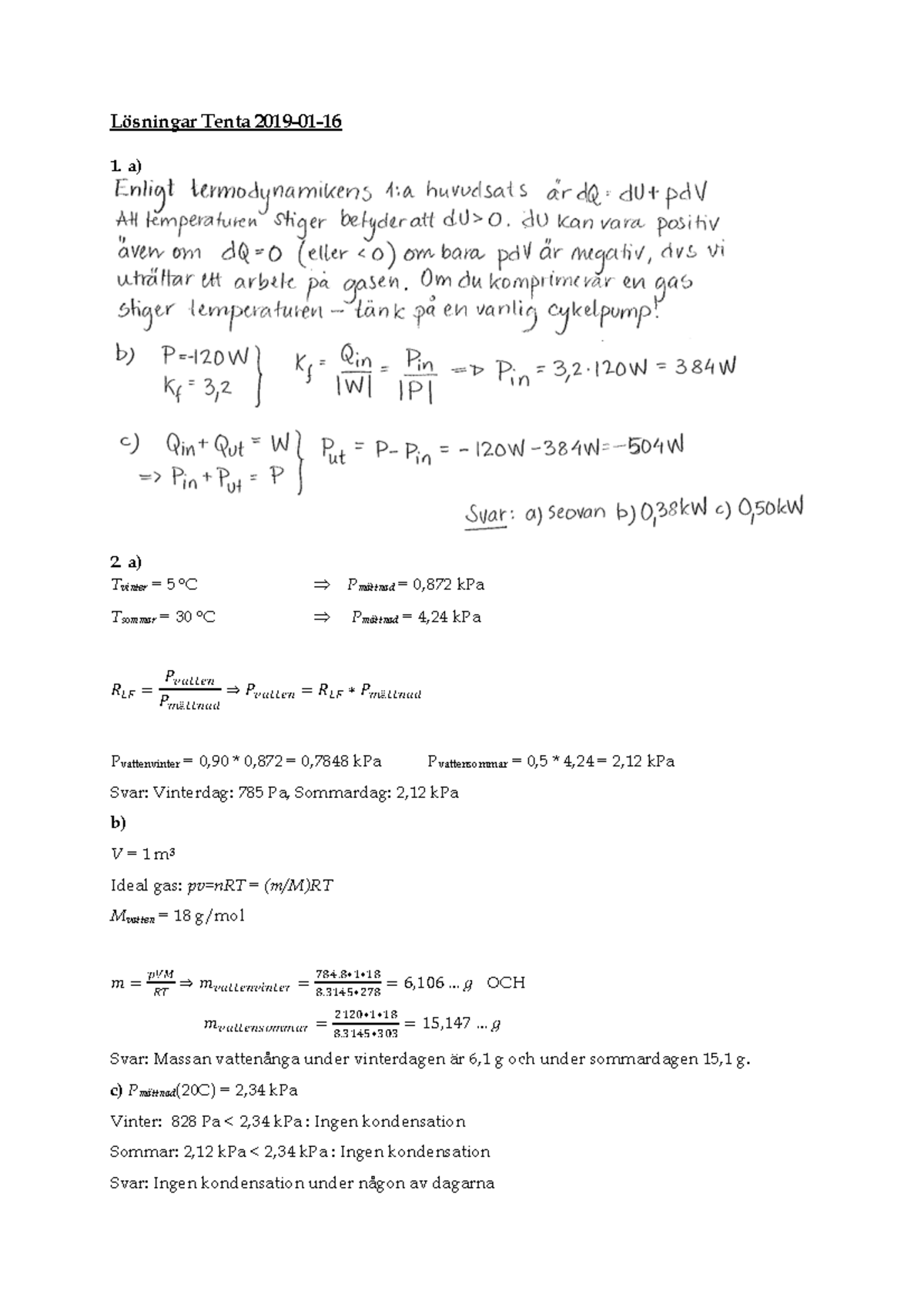 Lösningar 2019 01 16 - Termodynamik med tillämpningar - LAGB01 - Lunds ...