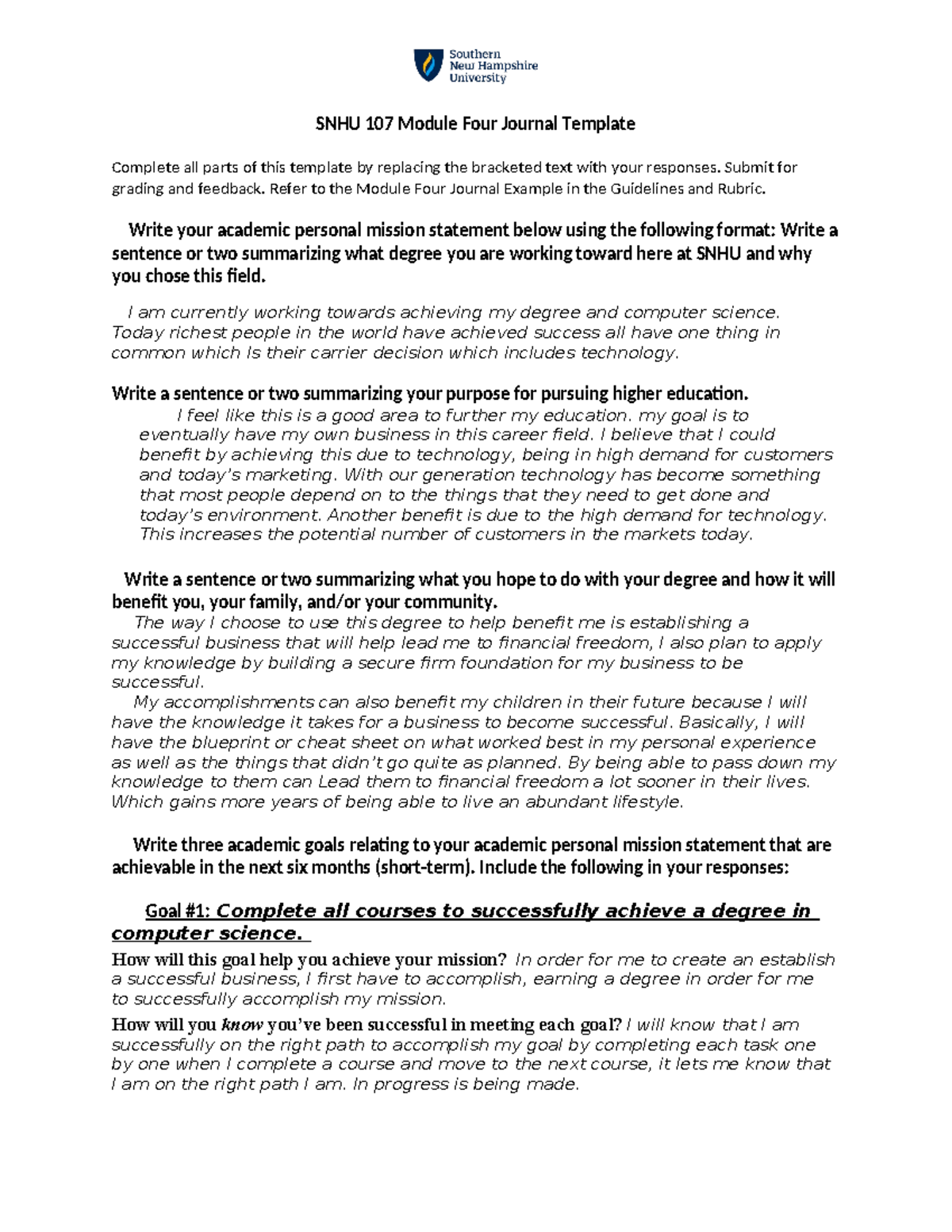 SNHU 107 Module Four Journal Template copy - SNHU 107 Module Four ...