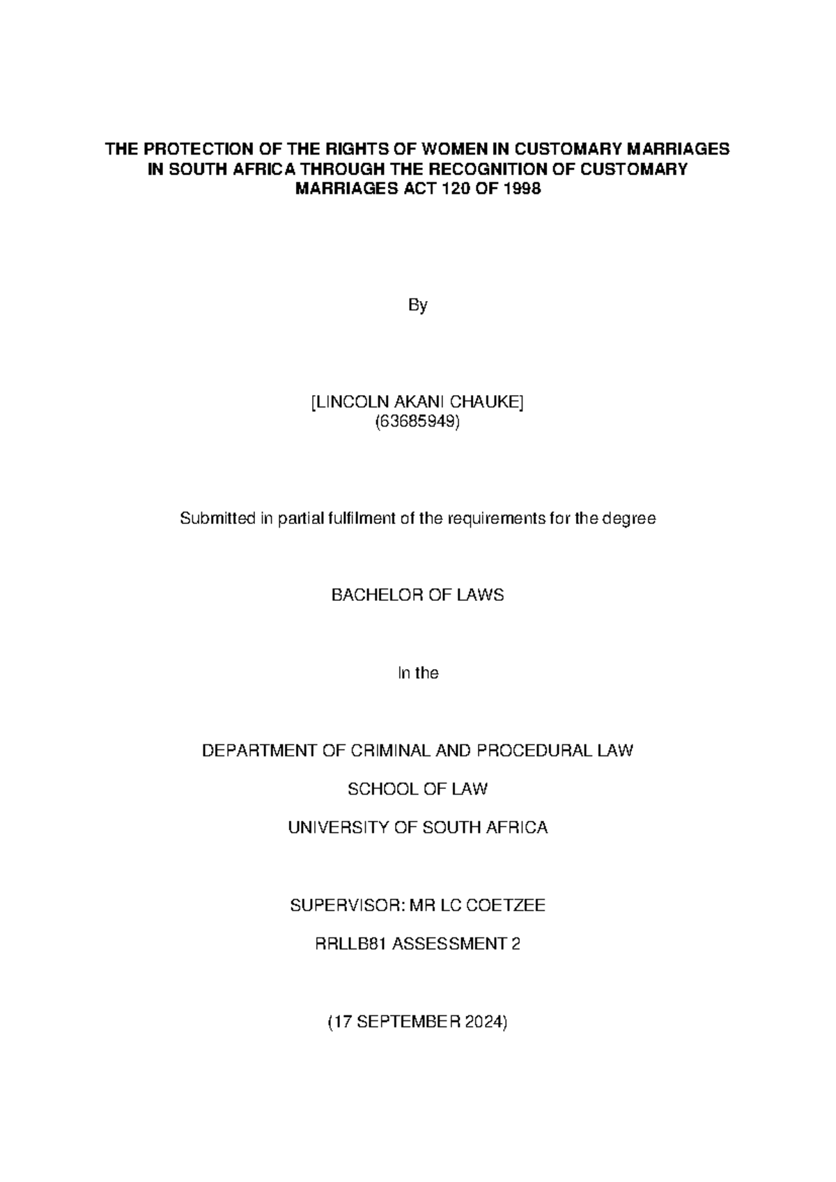 Rrllb Assignment 2 - NOTES - THE PROTECTION OF THE RIGHTS OF WOMEN IN ...