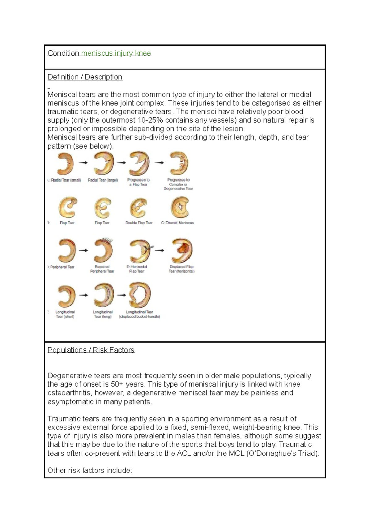 Meniscus injury knee clinical pattern sheet - Condition meniscus injury ...