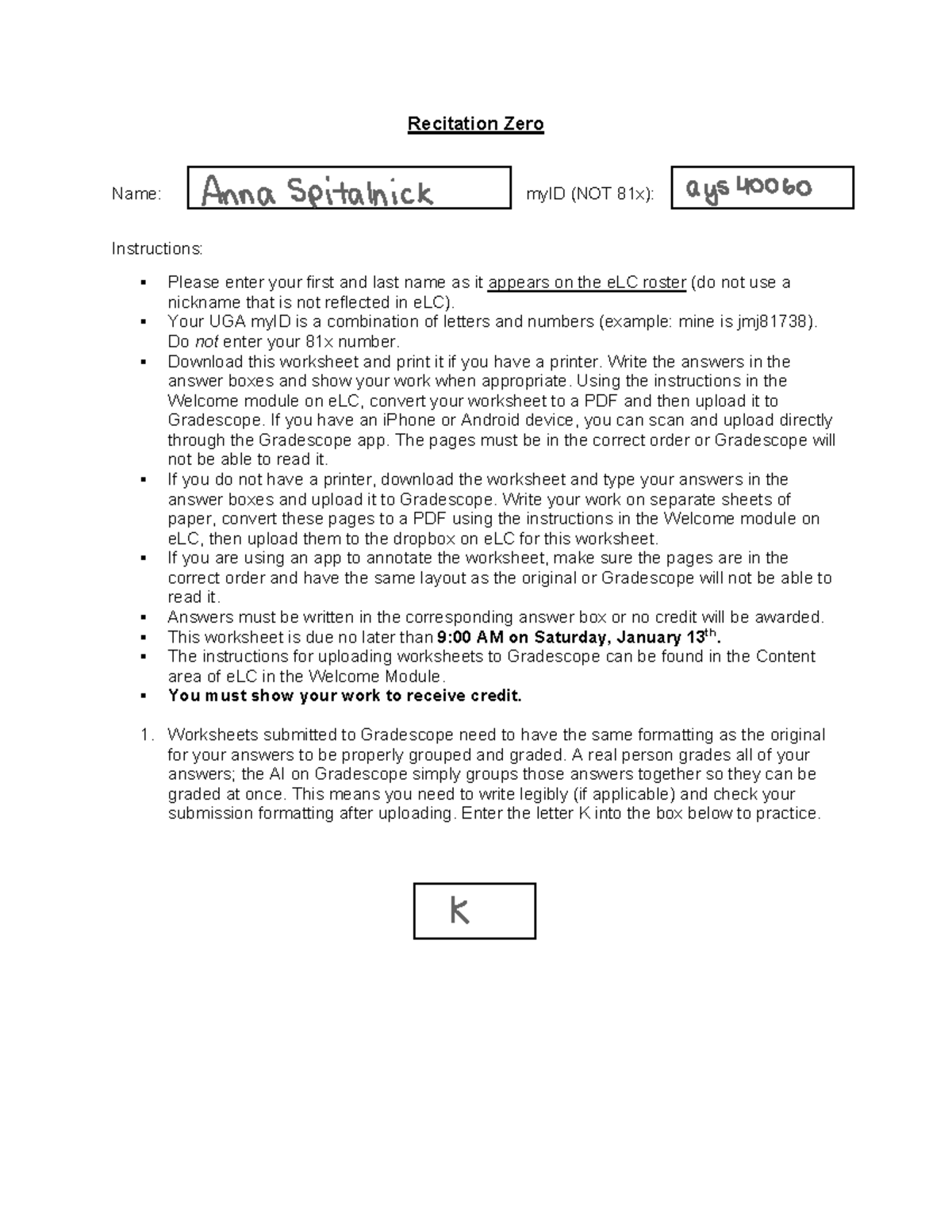 Recitation Worksheet Zero - Recitation Zero Name: myID (NOT 81x ...