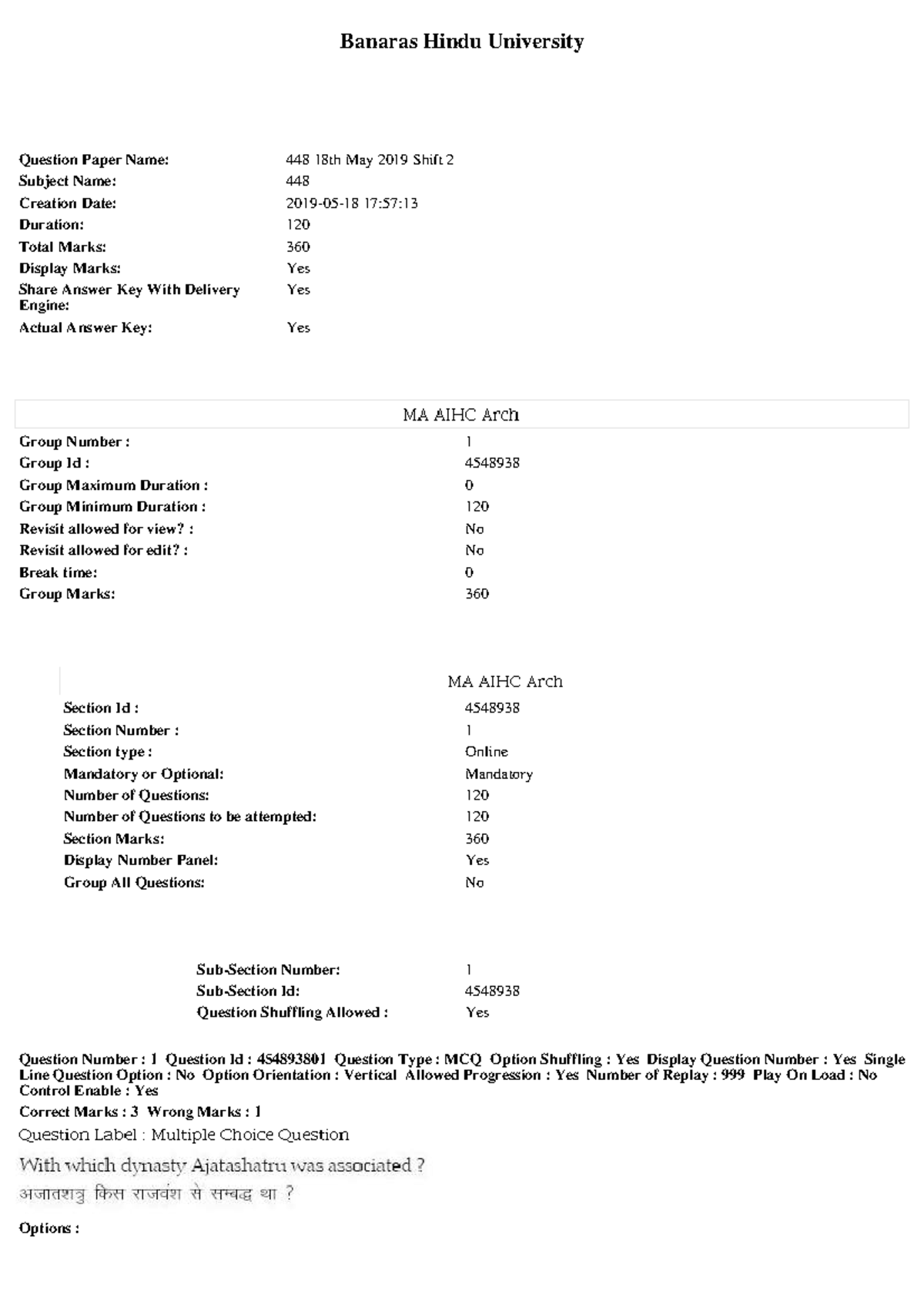 448 M.A AIHC - Summary BA (Hons.) History - Banaras Hindu University Question Paper Name: 448 ...
