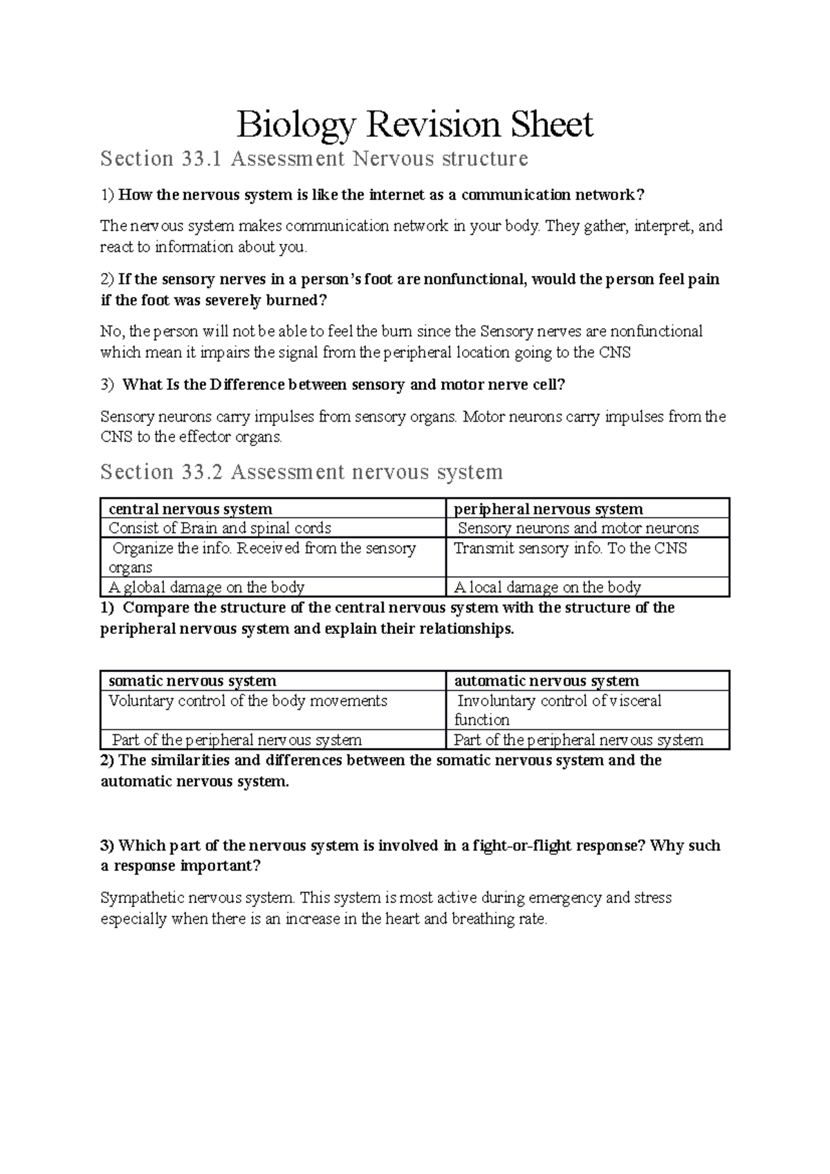 Biology Revision Sheet - Biology Revision Sheet Section 33 Assessment ...