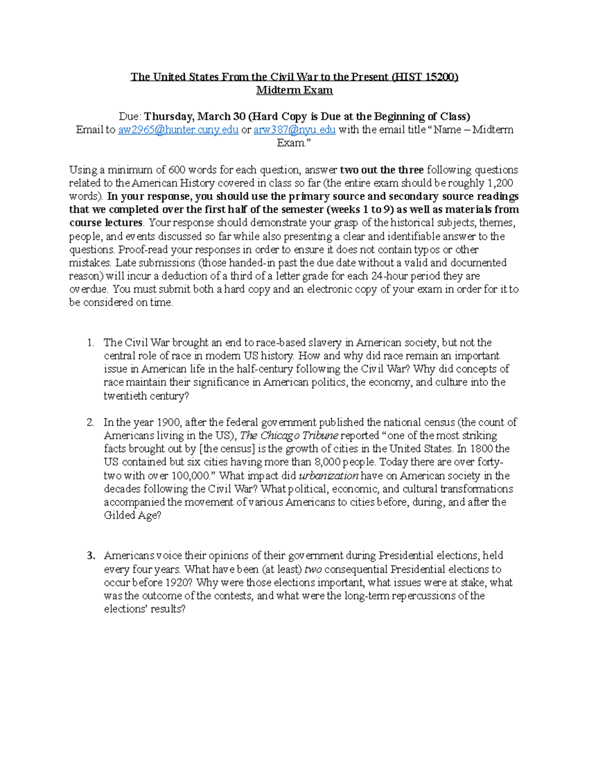 US History 152 Midterm essay prompt - The United States From the Civil ...