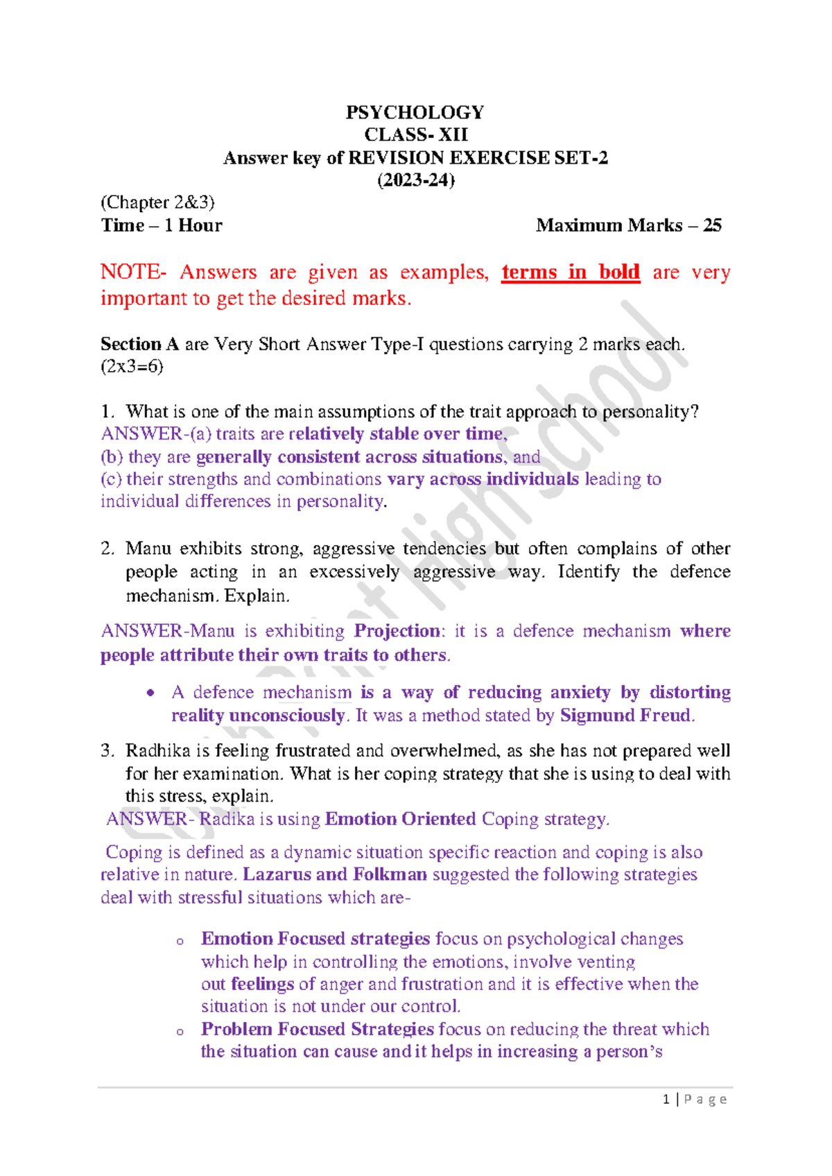 Class 12 Revision Exercise- Set 2(2024) Answer Key - PSYCHOLOGY CLASS ...
