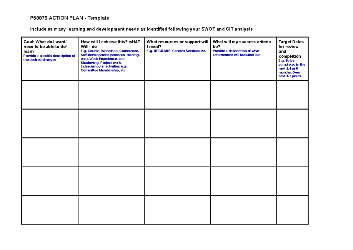 Action Plan template - P58876 ACTION PLAN - Template Include as many ...