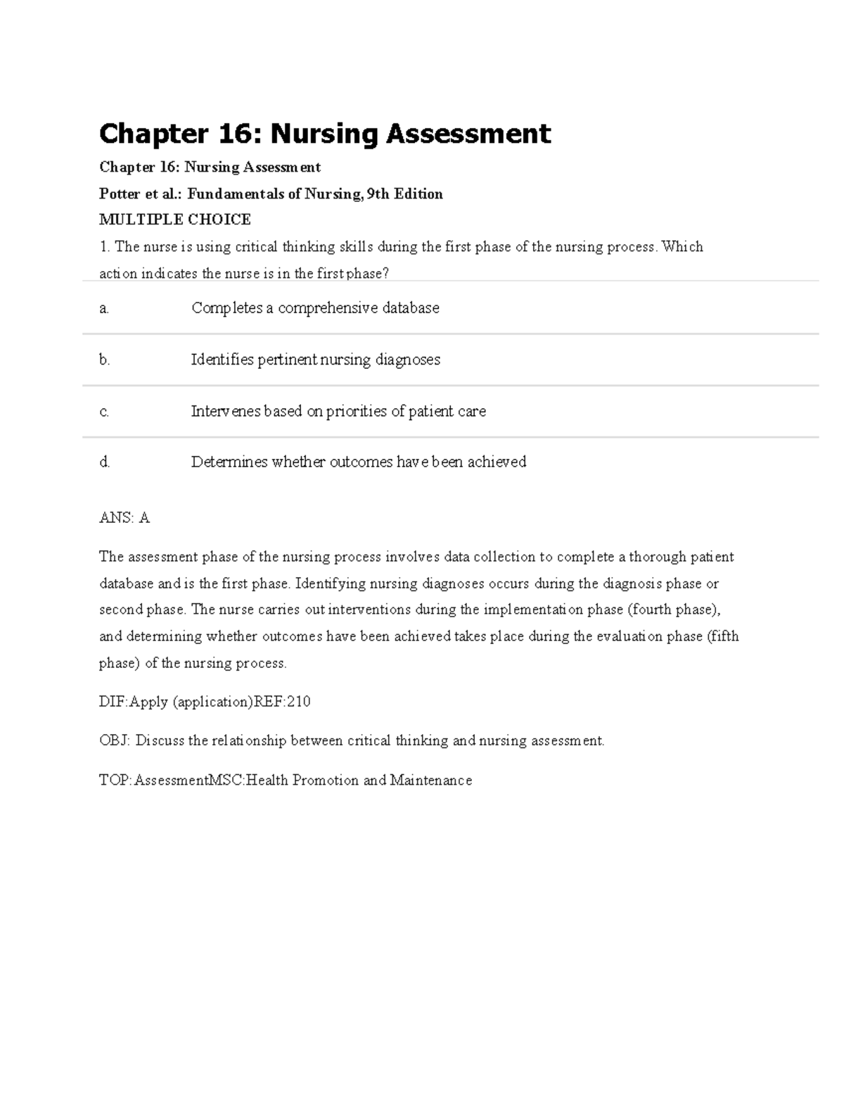 Chapter 16 Nursing Assessment Chapter 16 Nursing Assessment Chapter