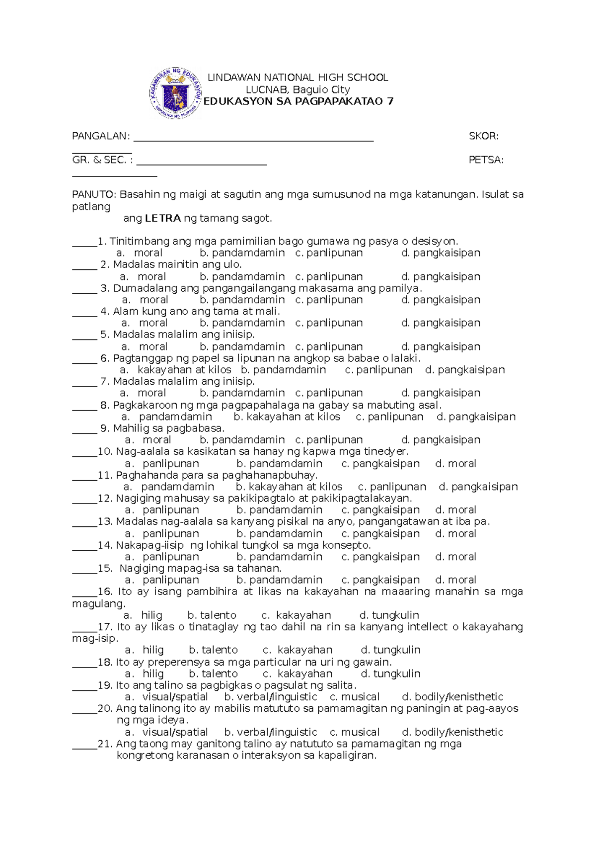Examination First Quarter - LINDAWAN NATIONAL HIGH SCHOOL LUCNAB ...
