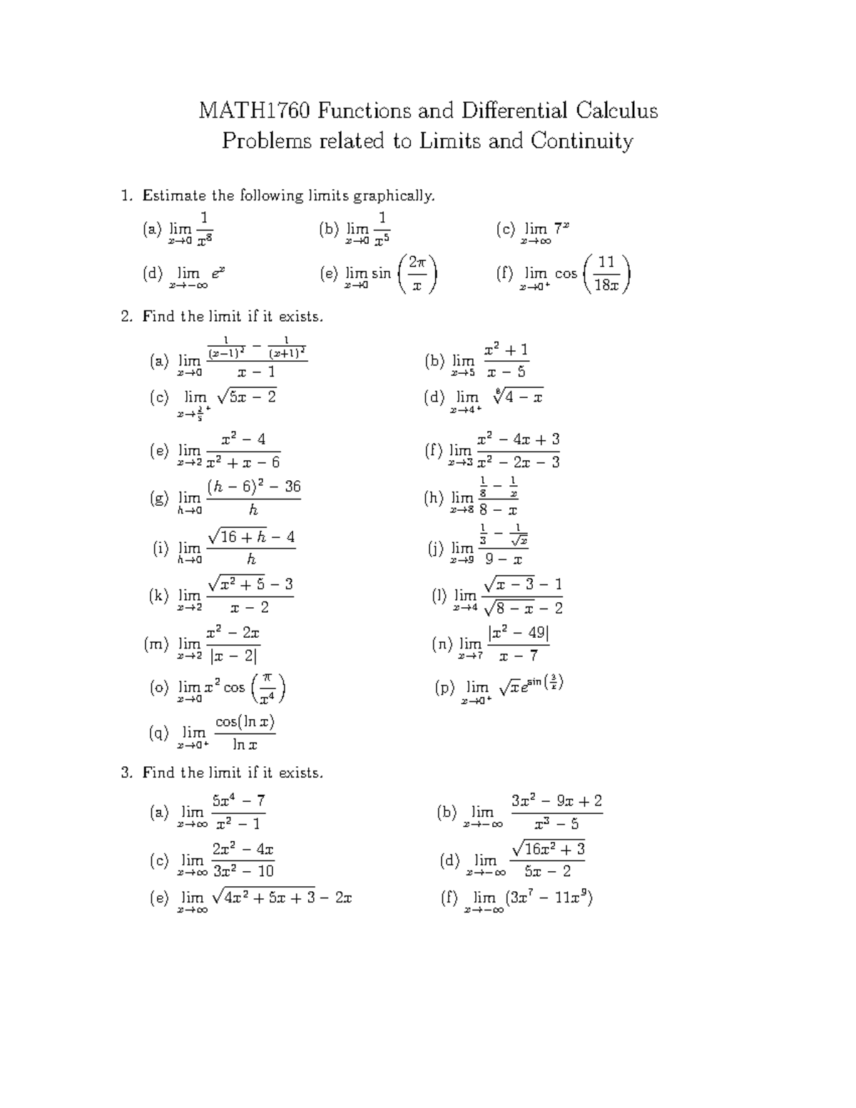 1760Problems For Limits F22 - MATH1760 Functions and Differential Calculus Problems related to ...