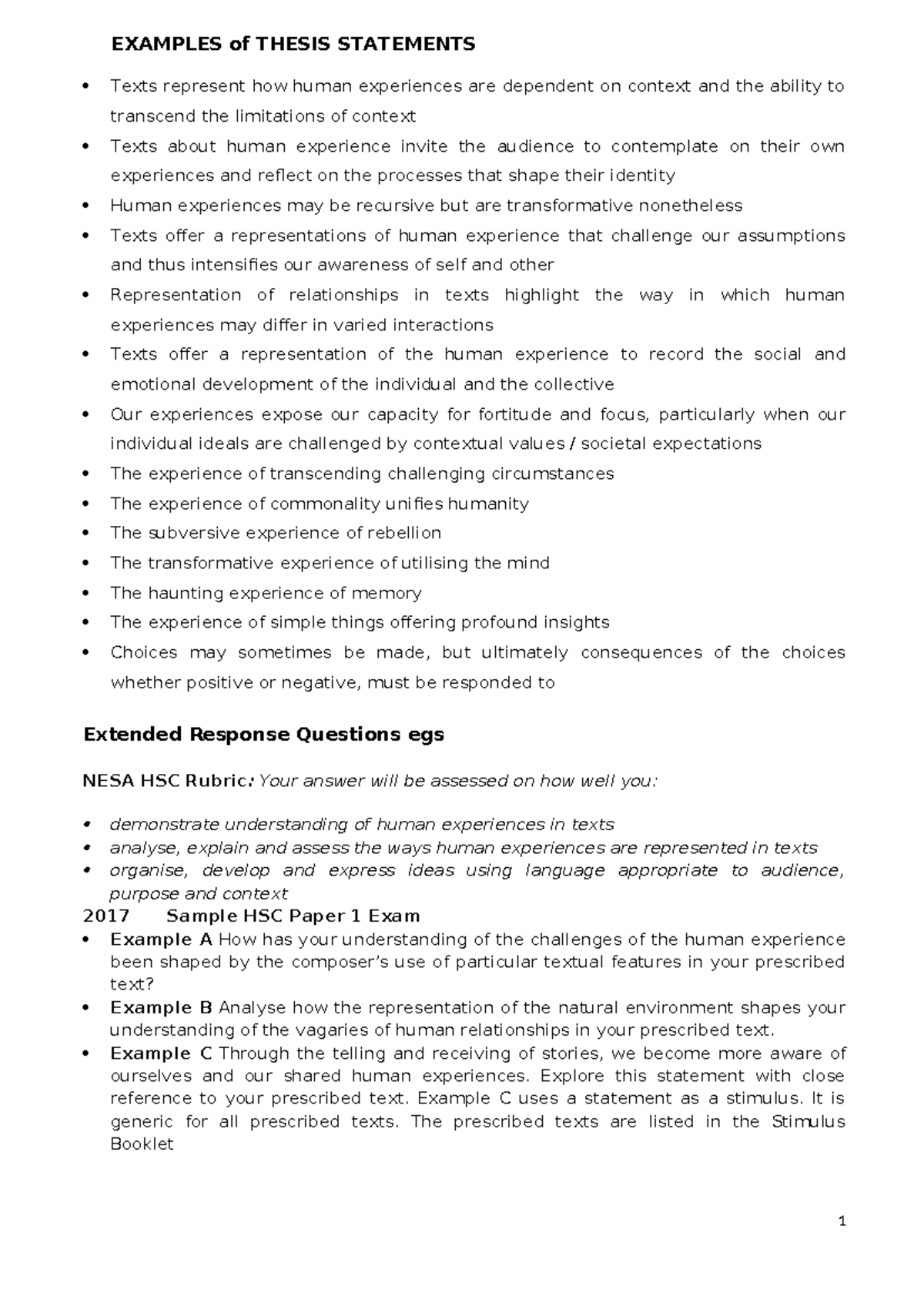 Thesis Statements Sample Q & ORT - EXAMPLES of THESIS STATEMENTS Texts ...