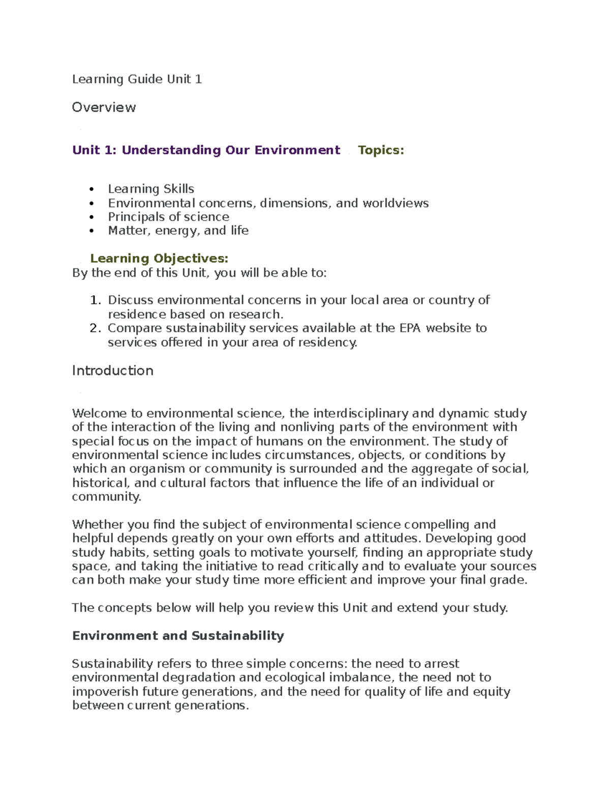 Lesson Plan - Learning Guide Unit 1 Overview Unit 1: Understanding Our ...