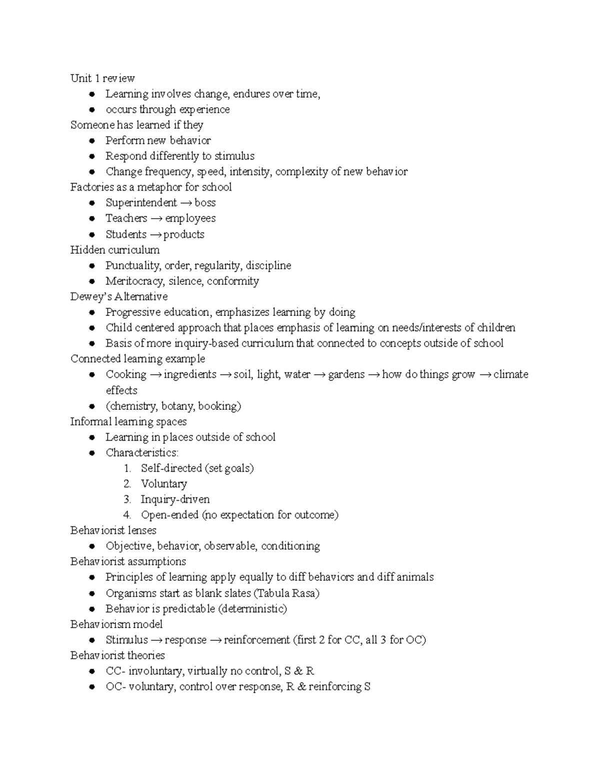 Unit 1 review ED PSYCH 301 - Unit 1 review Learning involves change ...