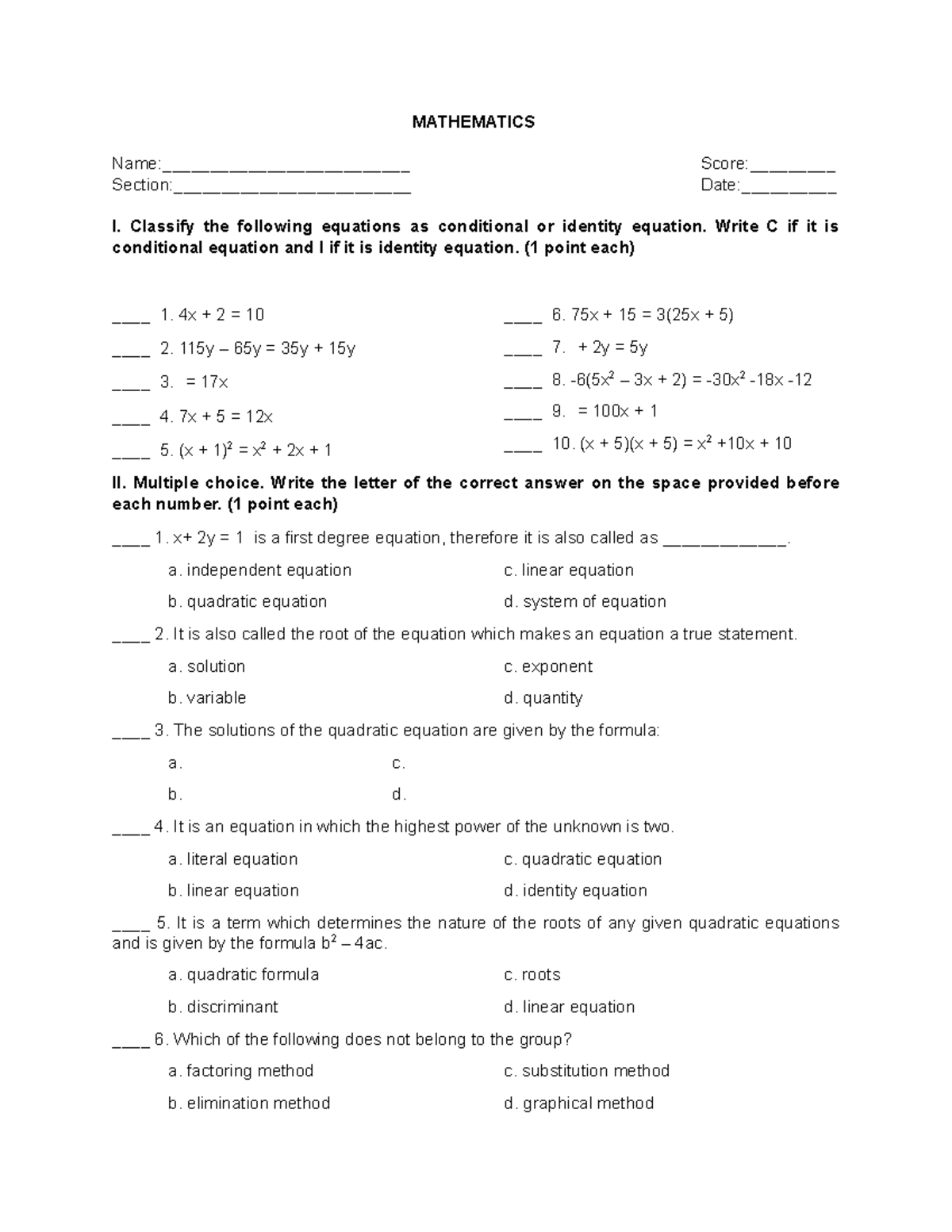 Mathematics Activty Sheet - MATHEMATICS Name ...