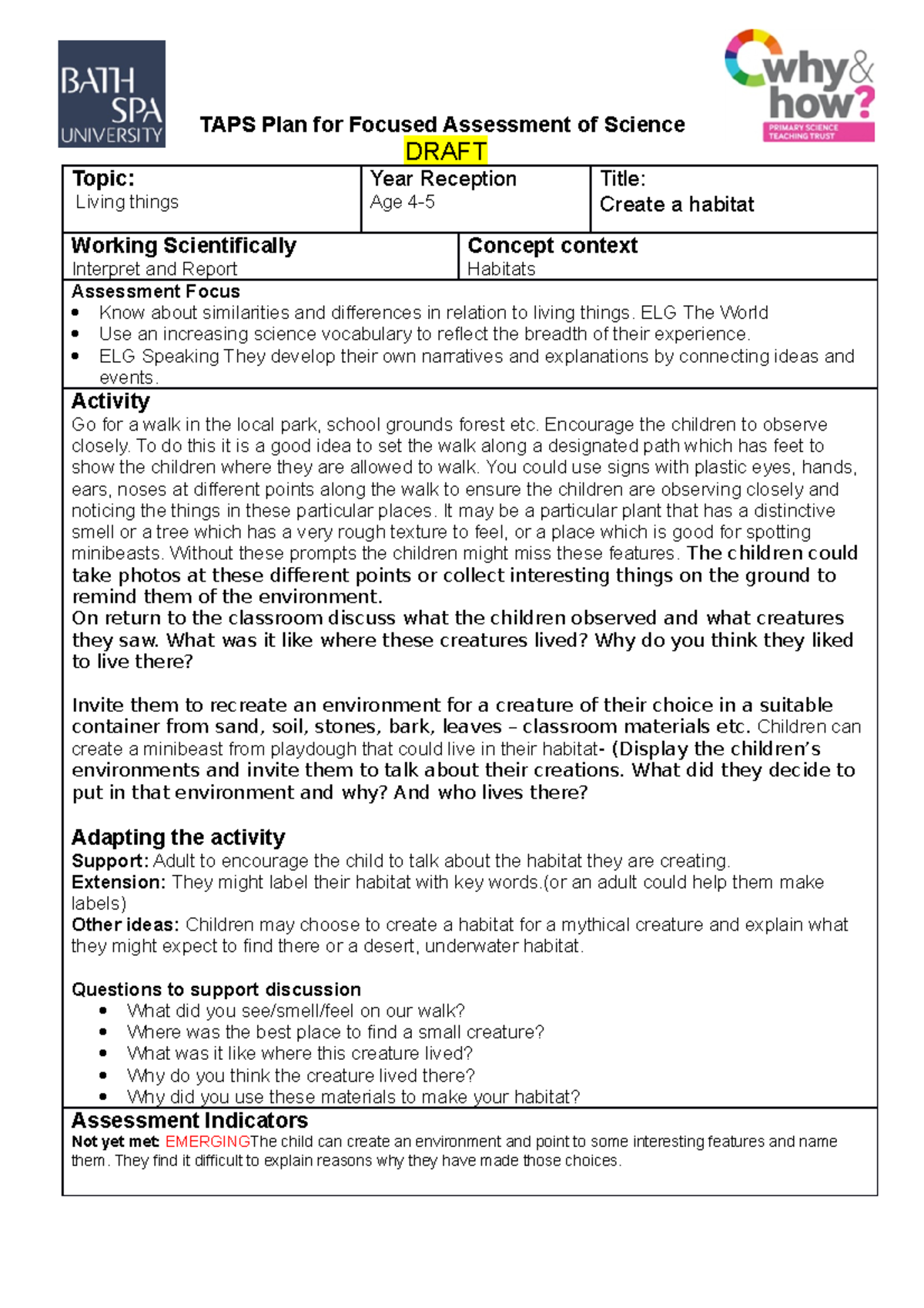Rplan Living things Make habitat Report AB - TAPS Plan for Focused ...