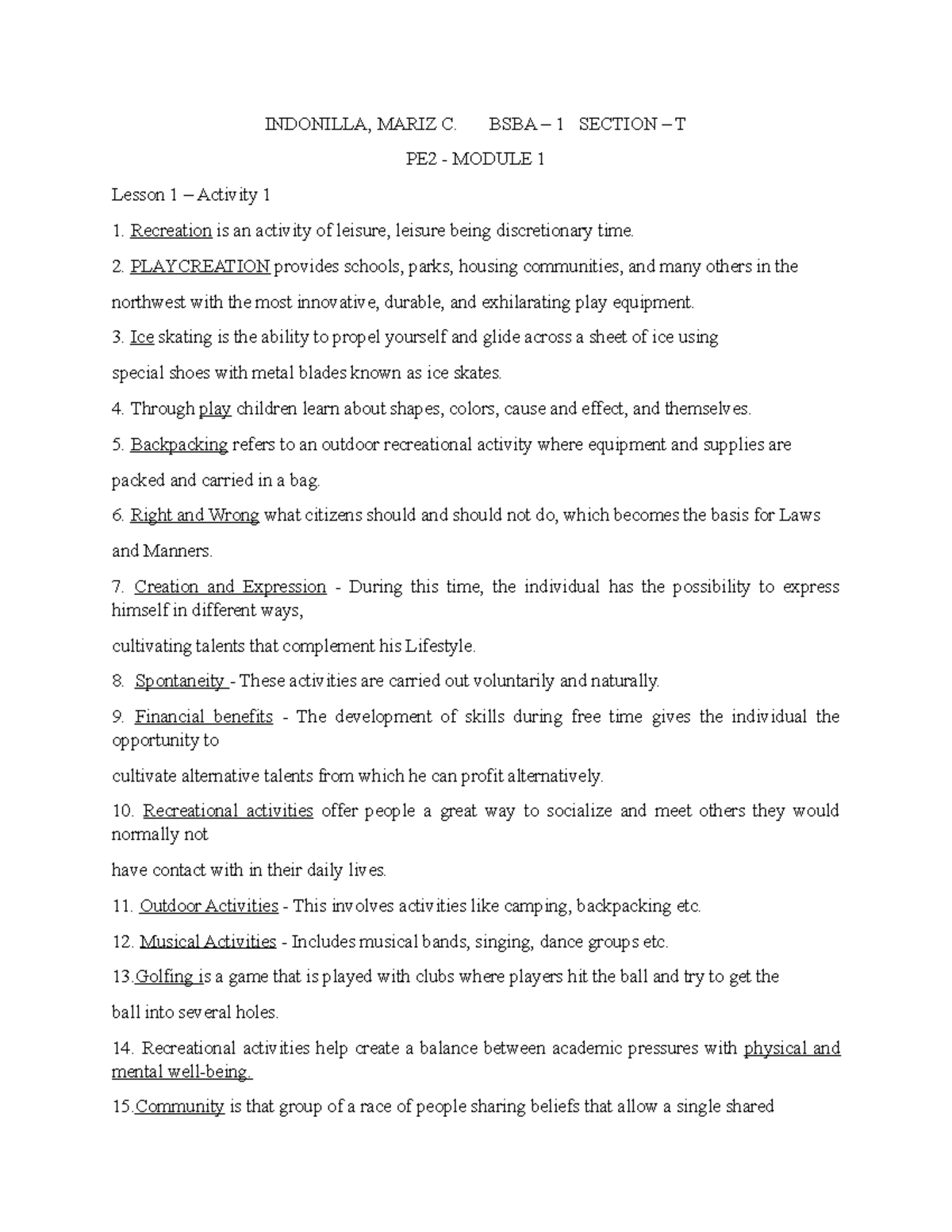 Indonilla - PE2 Module 1 - INDONILLA, MARIZ C. BSBA – 1 SECTION – T PE2 ...