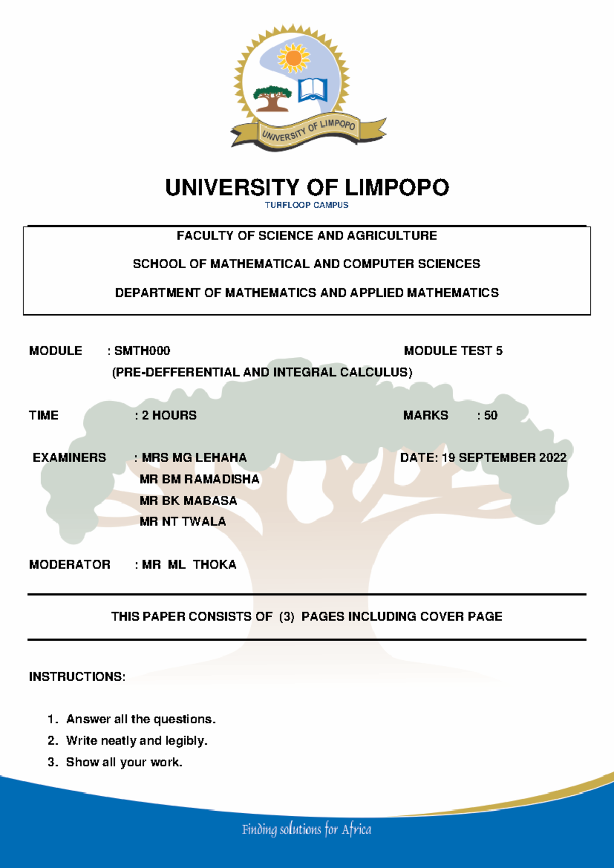 SMTH000 TEST 5 2022 - UNIVERSITY OF LIMPOPO TURFLOOP CAMPUS FACULTY OF ...