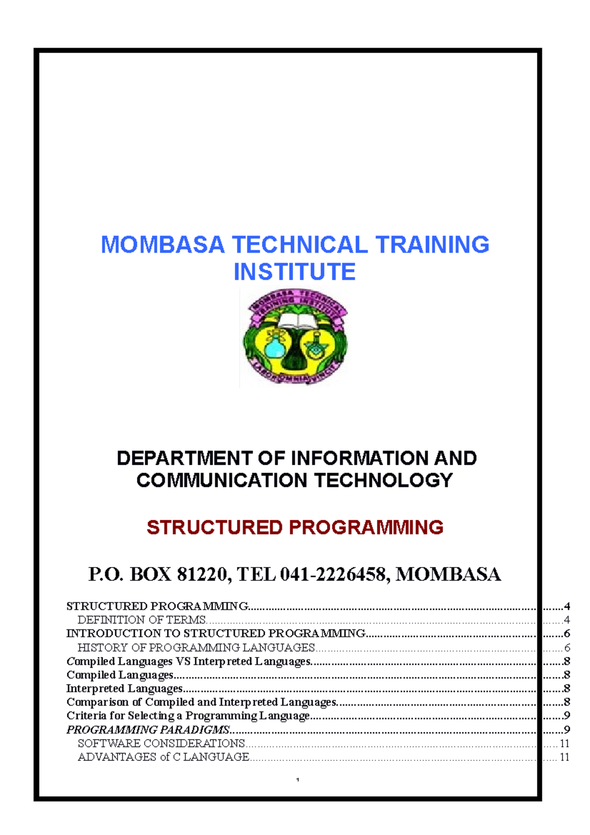 Structured Programming - MOMBASA TECHNICAL TRAINING INSTITUTE DEPARTMENT OF INFORMATION AND ...
