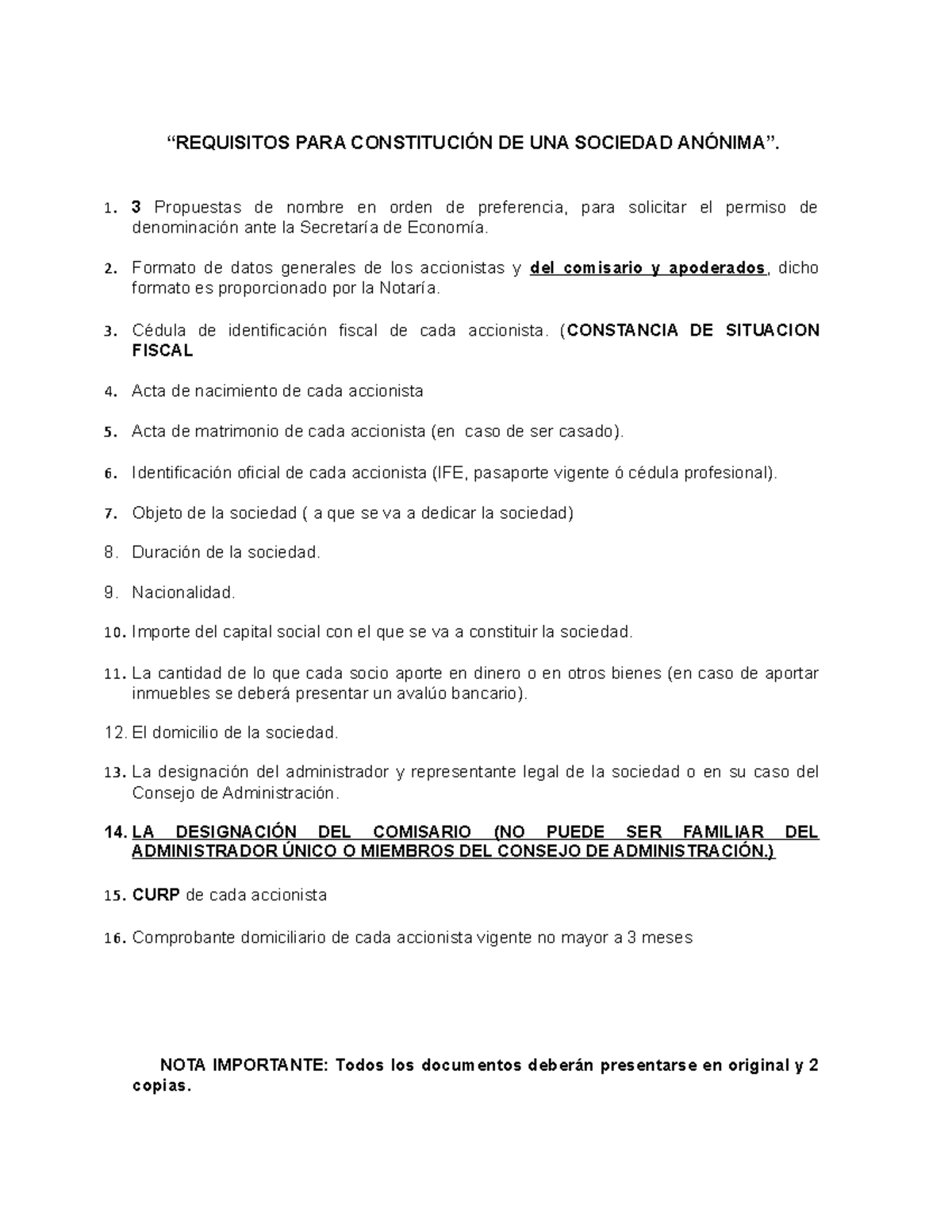 Requisitos Constitucion DE S.A DE C.V. - “REQUISITOS PARA CONSTITUCIÓN DE UNA SOCIEDAD ANÓNIMA ...