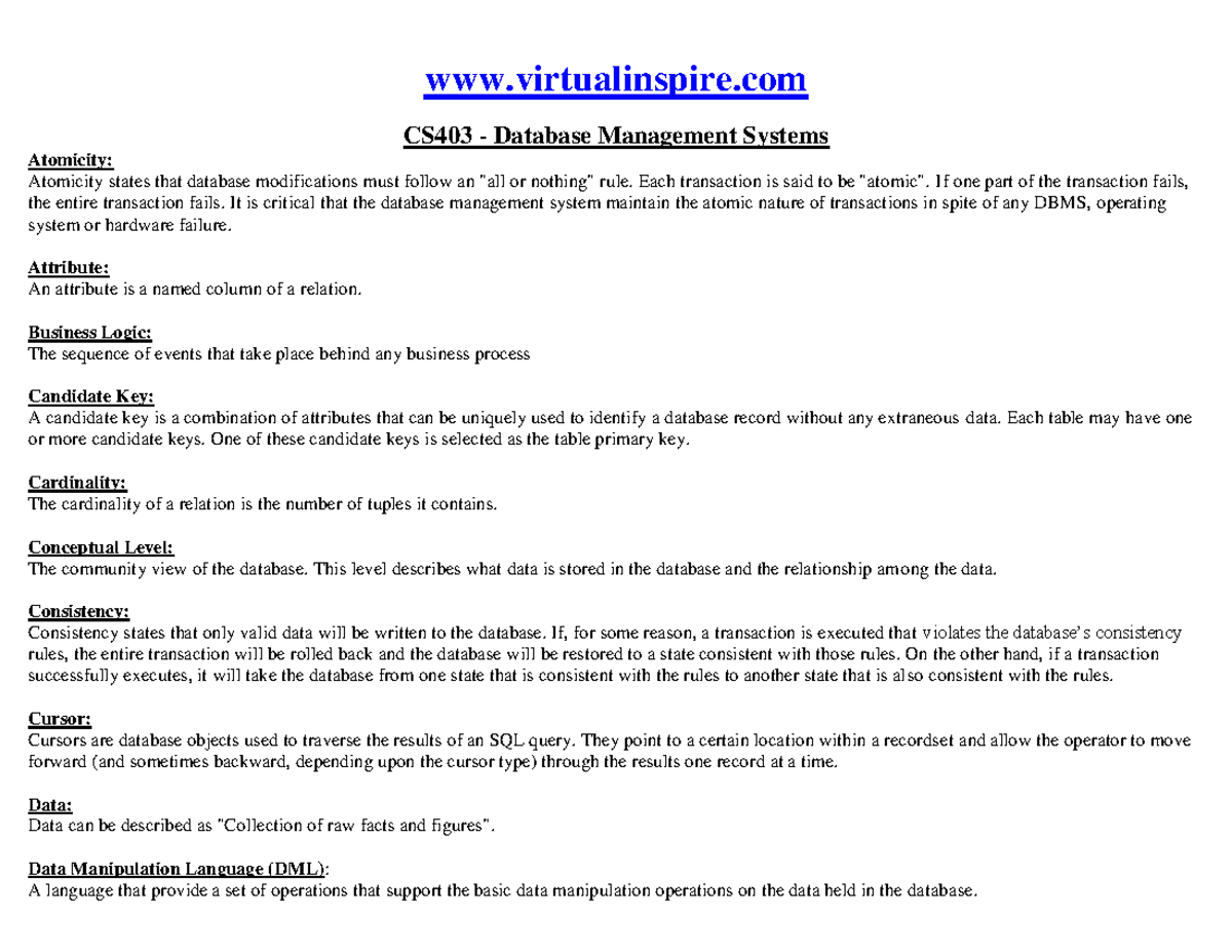 CS403 Midterm Short Notes - CS403 - Database Management Systems ...