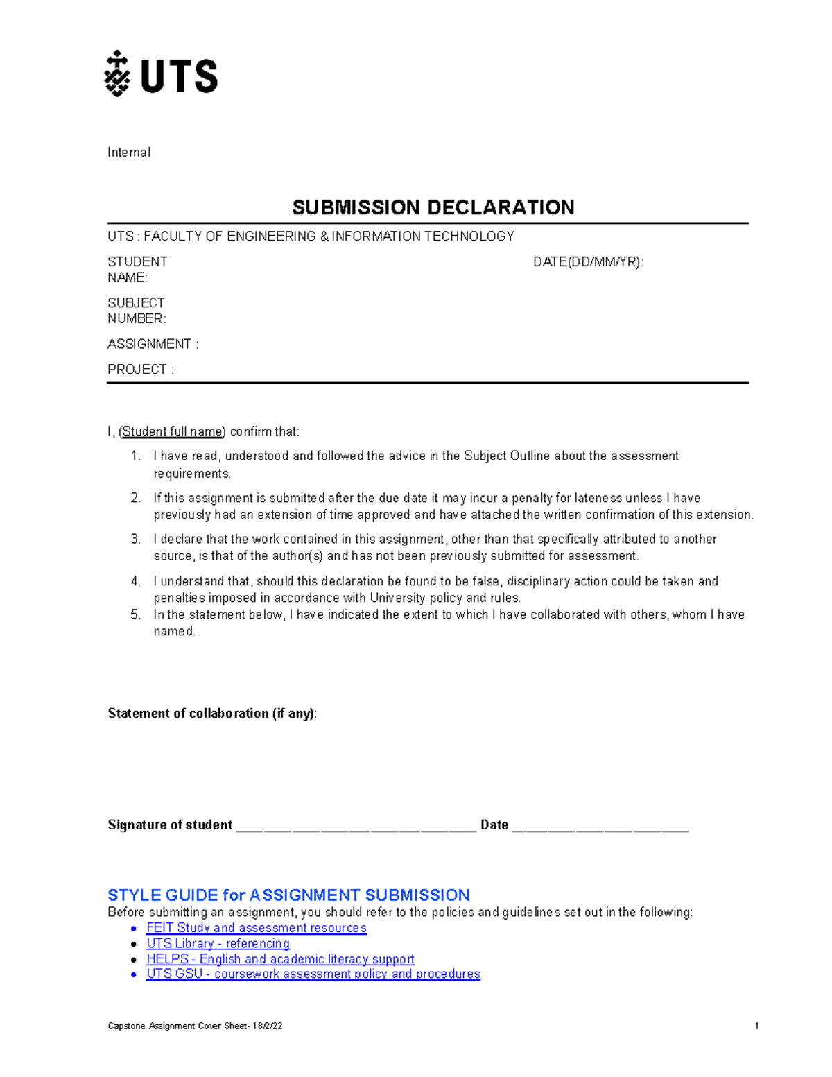 Submission Declaration-2 - Capstone Assignment Cover Sheet- 18/2/22 1 ...