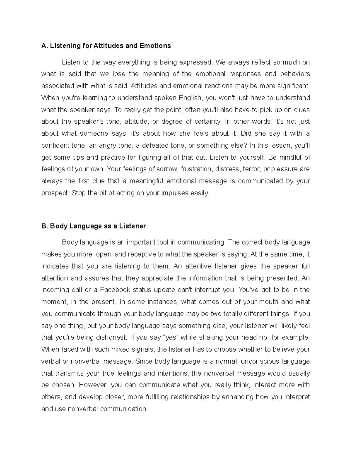 Definition of Terms - A. Listening for Attitudes and Emotions Listen to ...