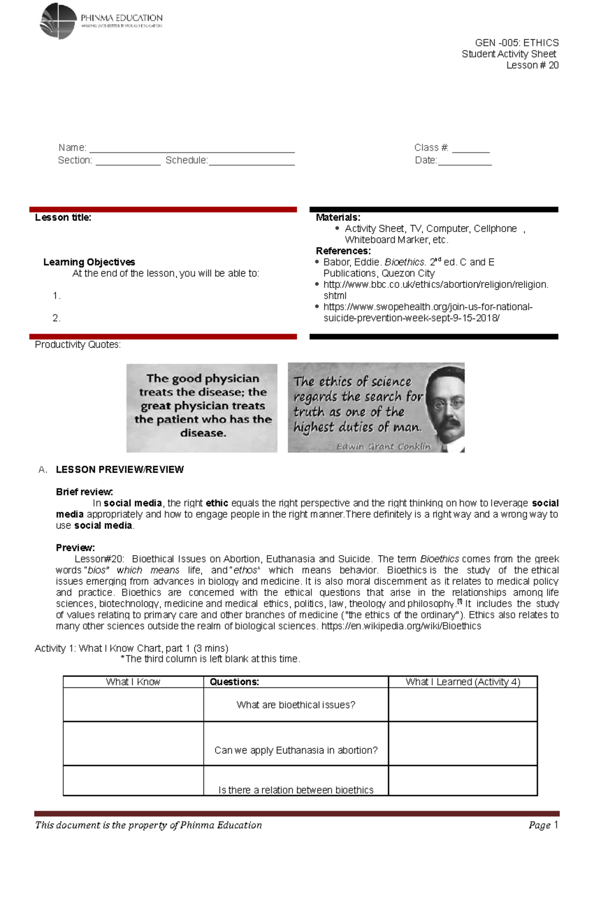 Environmental science Lecture 2 - GEN -005: ETHICS Student Activity ...
