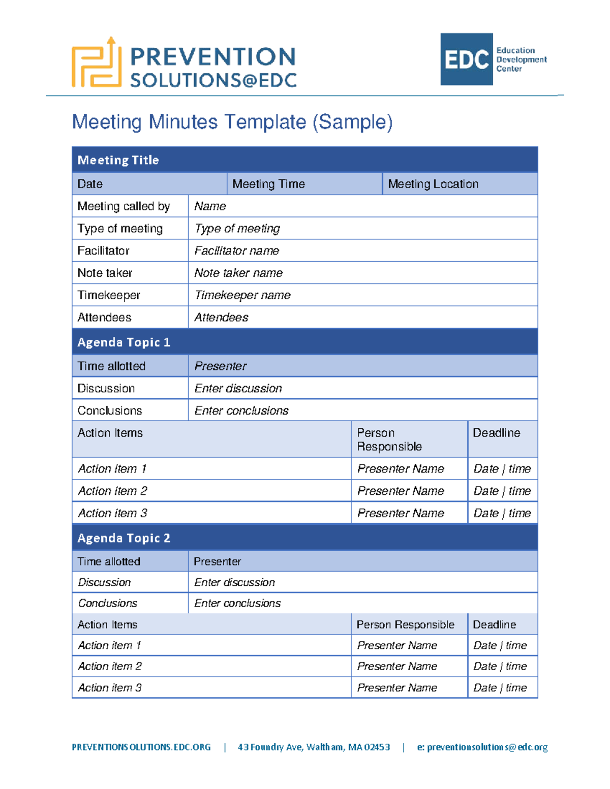 Sample Minutes Template - PREVENTIONSOLUTIONS.EDC | 43 Foundry Ave ...