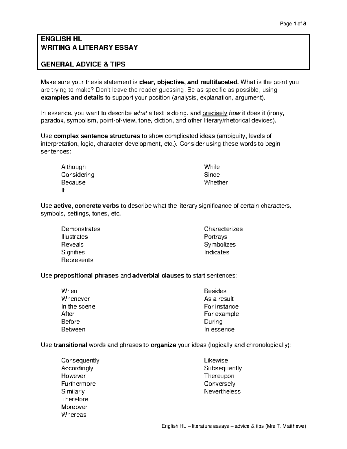 English HL literature essays advice tips 1 - ENGLISH HL WRITING A ...