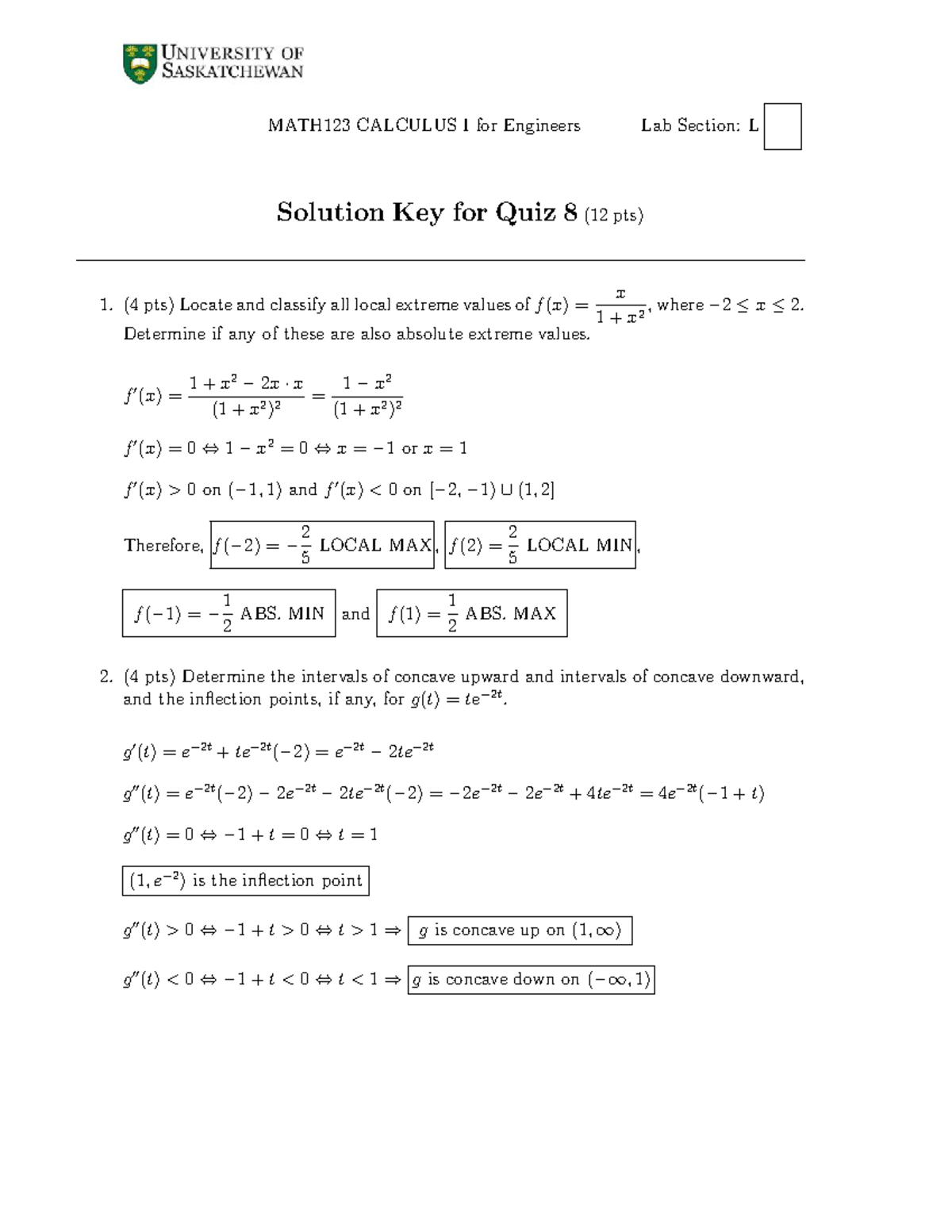 Exam November 2015, Questions and Answers - Quiz 8 - MATH123 CALCULUS I for Engineers Lab ...