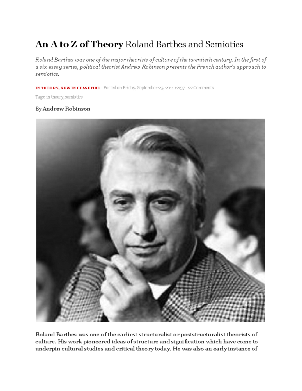 An A to Z of Theory Roland Barthes and Semiotics - In the first of a ...