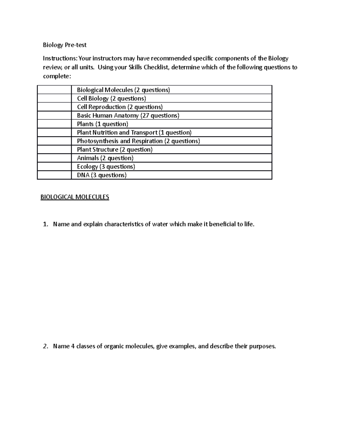 Biology review activity - Biology Pre-test Instructions: Your ...