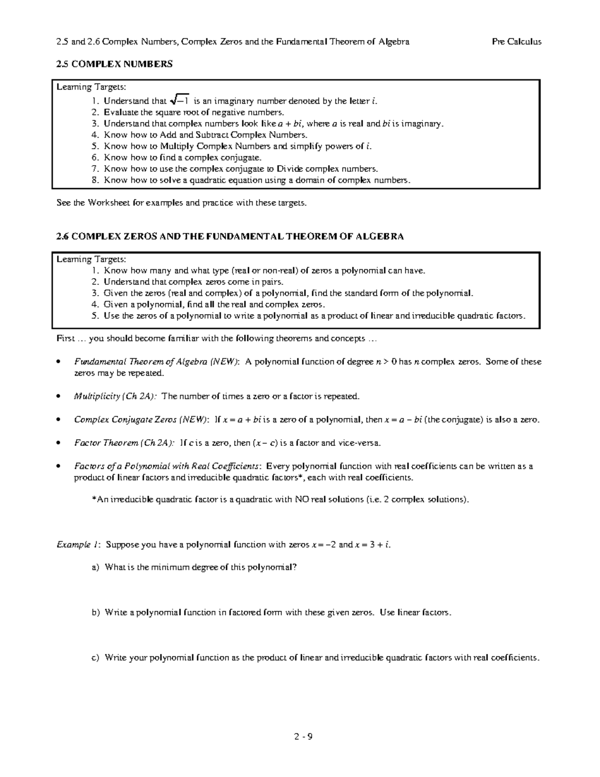 Precalc - Chapter 2B Notes - 2 and 2 Complex Numbers, Complex Zeros and ...