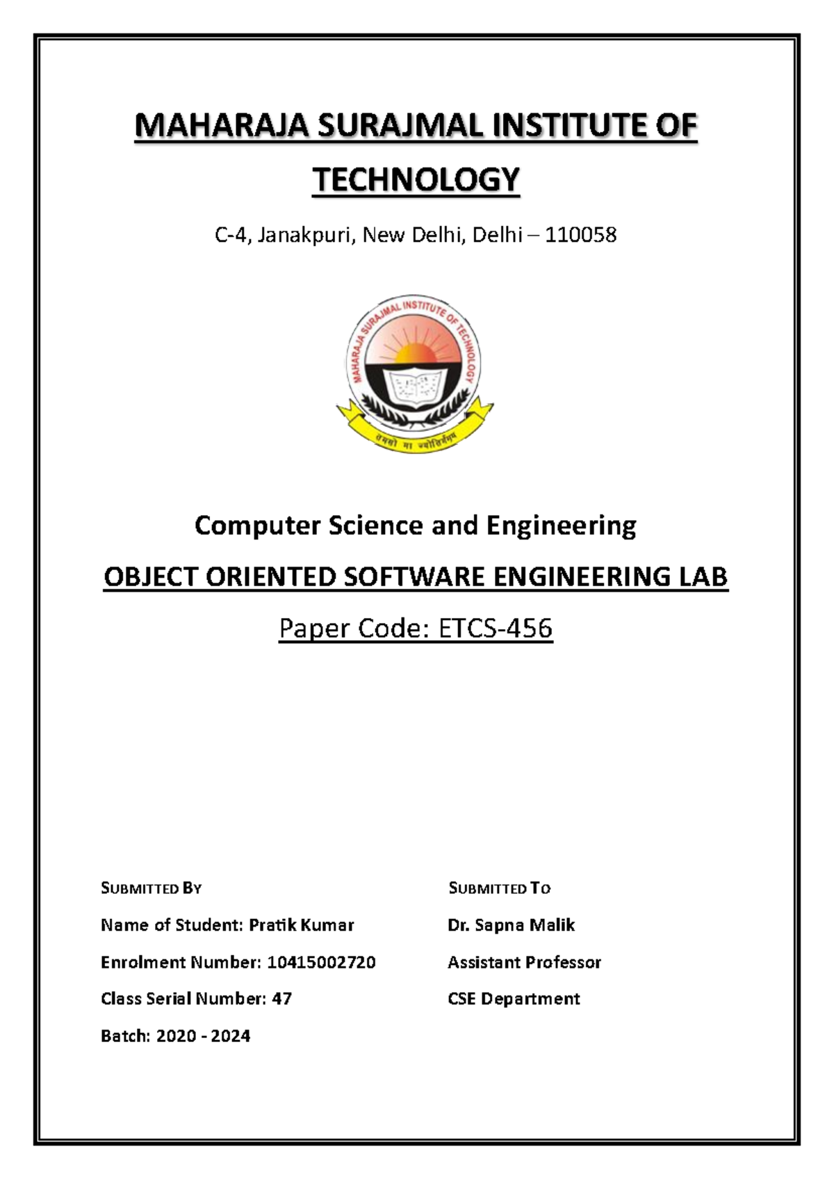 OOSE Practical - MAHARAJA SURAJMAL INSTITUTE OF TECHNOLOGY C-4 ...