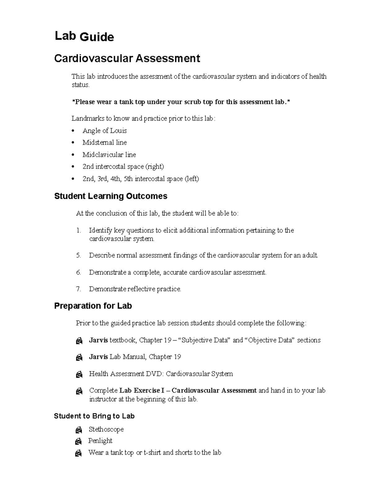 Cardiovascular Assessment - Lab Guide Cardiovascular Assessment This ...