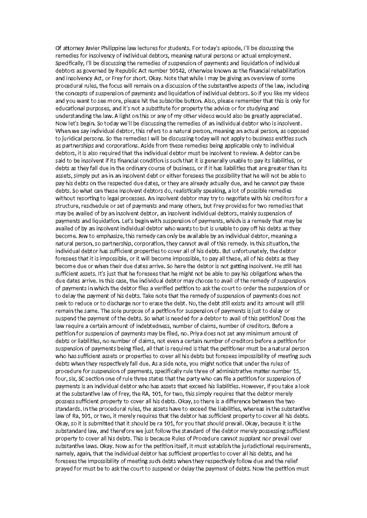 Fria lecture notes - Of attorney Javier Philippine law lectures for ...