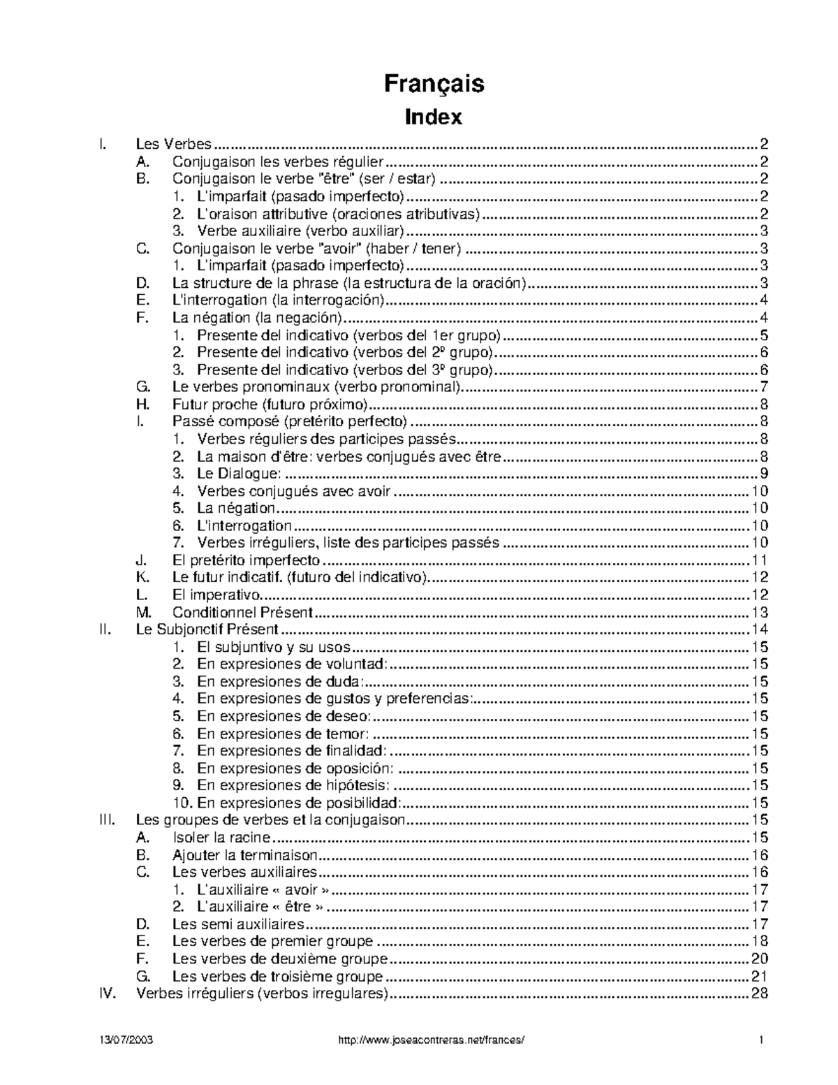 Curso-de-frances - Apuntes básicos francés - Français I. Les Verbes ...