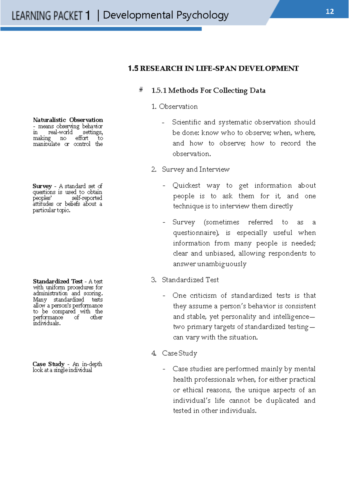 DEV Psych LP1 B - 1 | Developmental Psychology 1 RESEARCH IN LIFE-SPAN ...