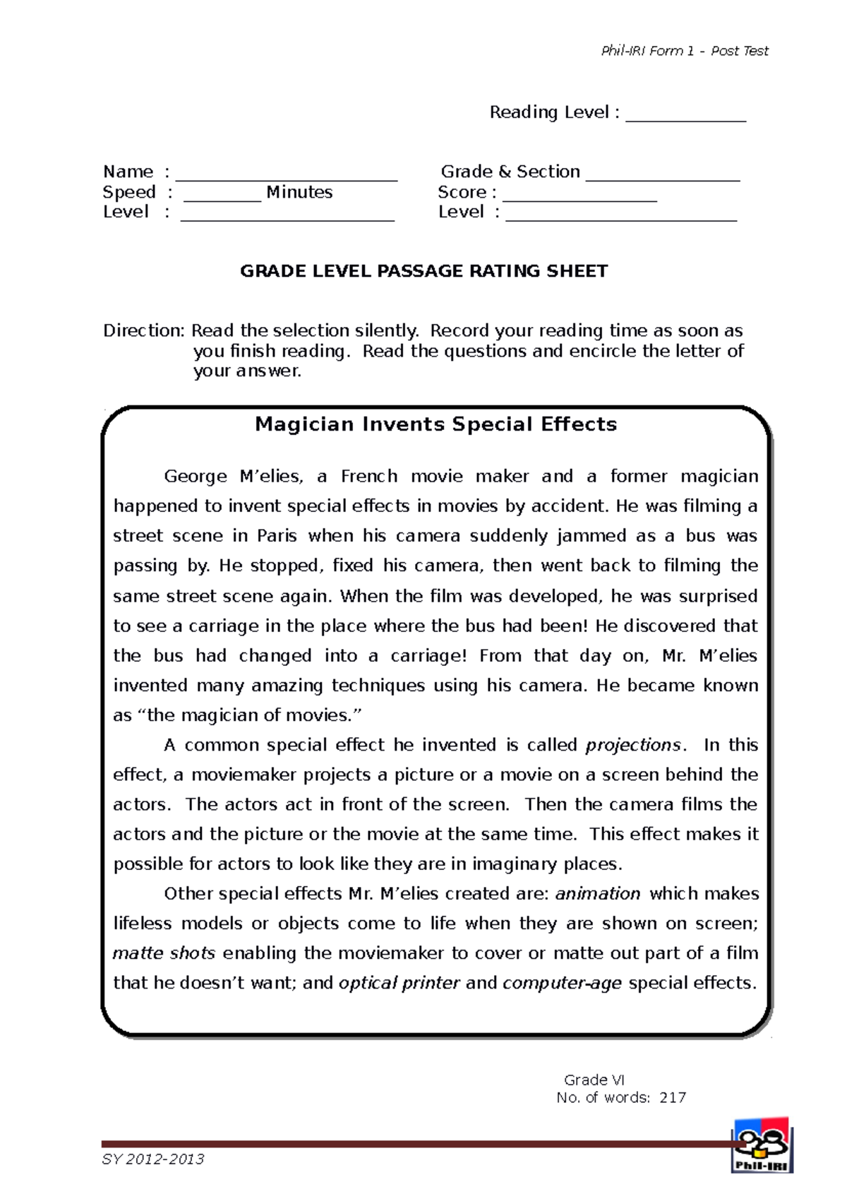 Grade 6.Magician Invents Special Effects - Reading Level ...