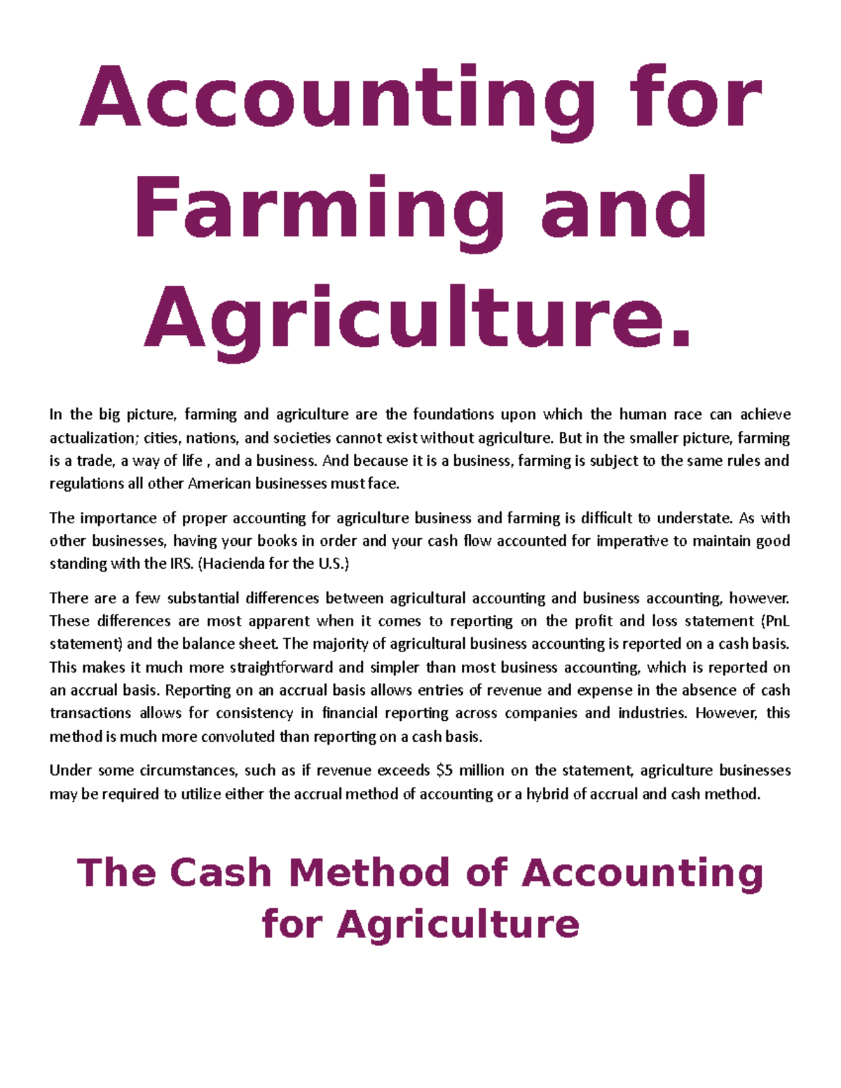 1. Accounting for Farming and Agriculture - In the big picture, farming ...
