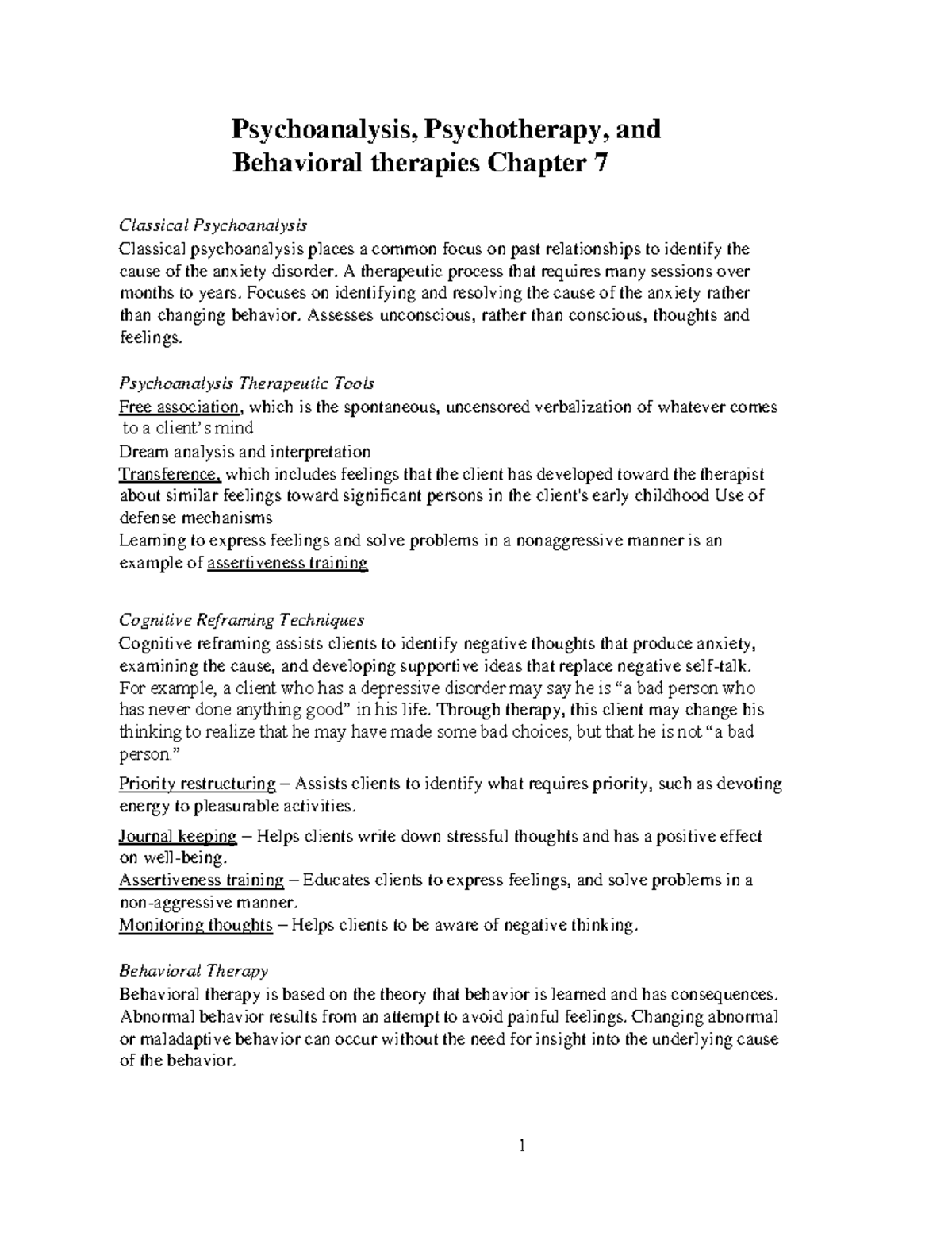 Psychoanalysis, Psychotherapy, and Behavioral therapies Chapter 7 - A ...