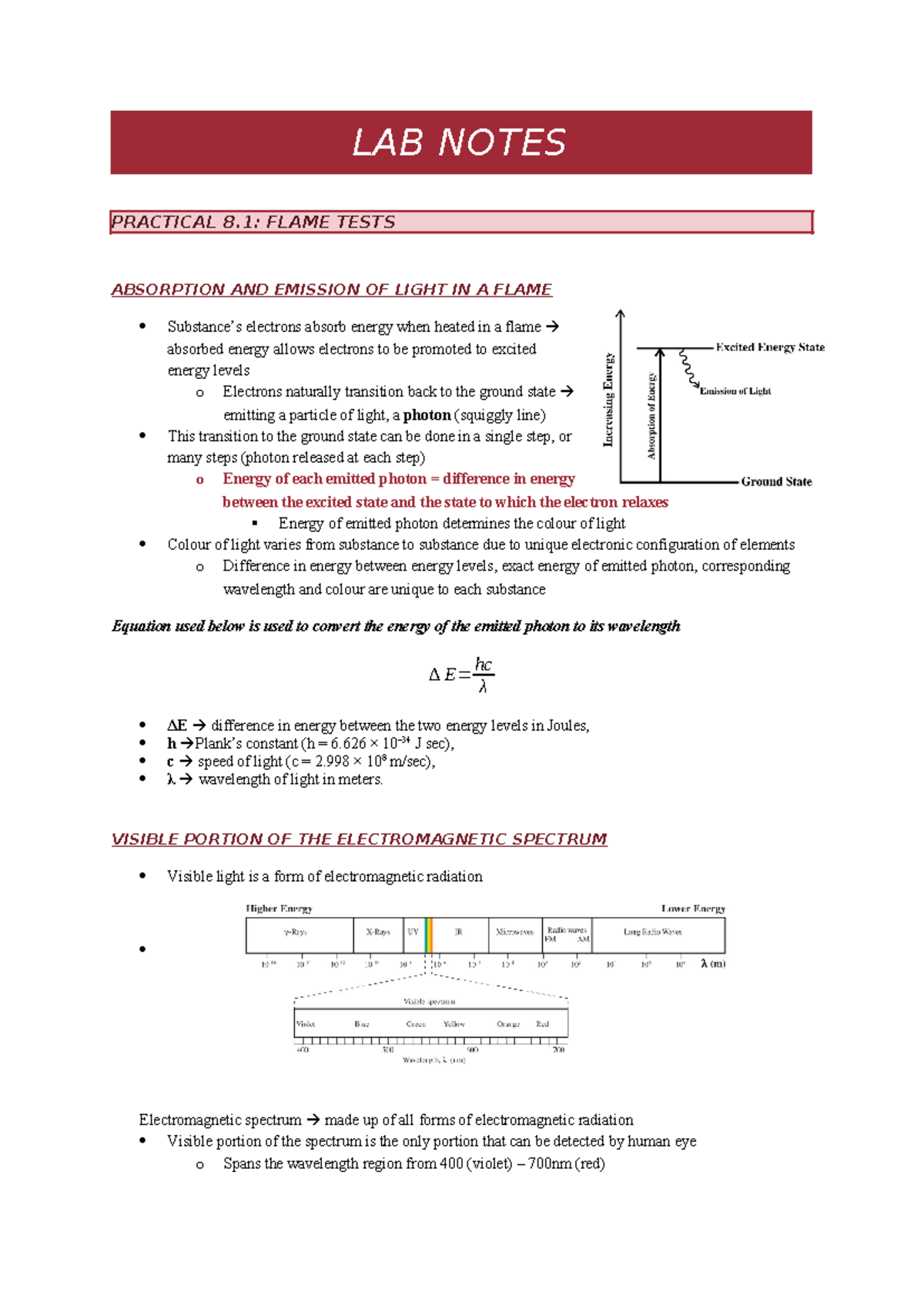 LAB Notes - LAB NOTES PRACTICAL 8: FLAME TESTS ABSORPTION AND EMISSION ...