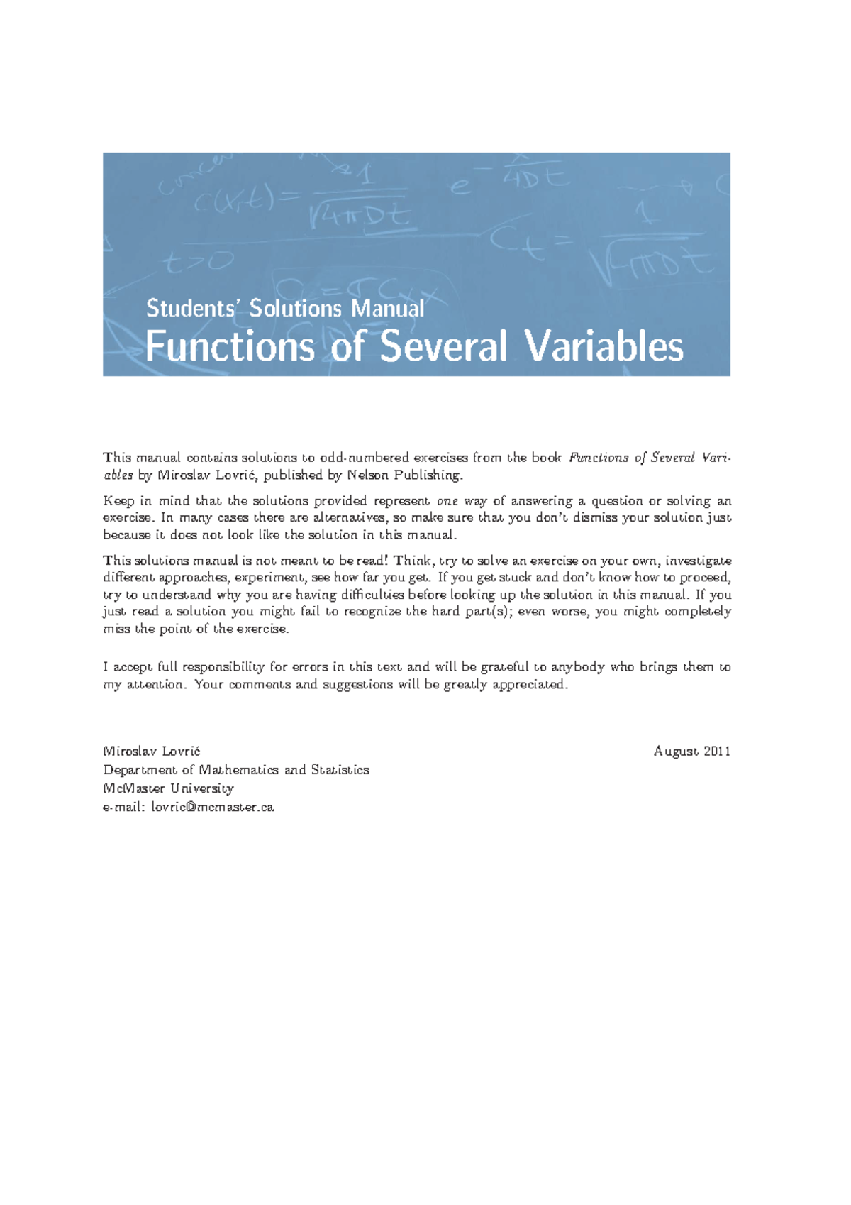 Sv student manual - Students’ Solutions Manual Functions of Several ...