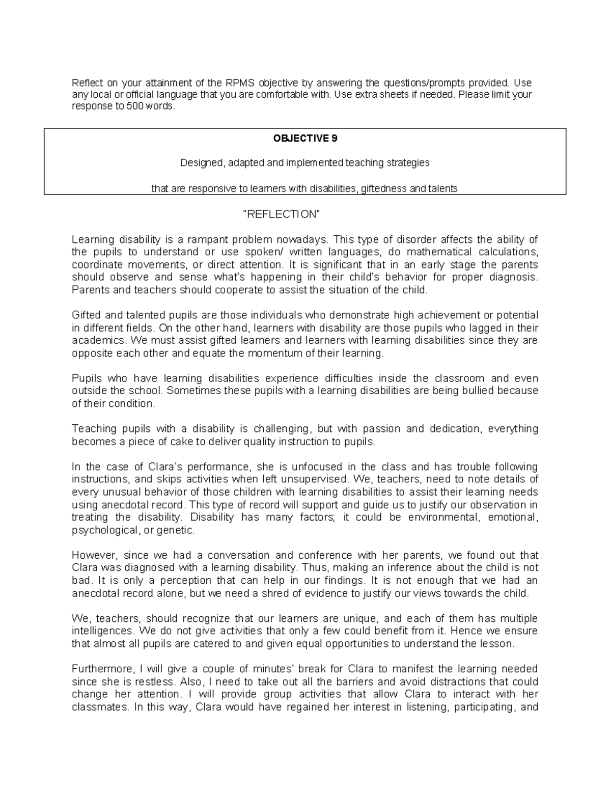 Teacher Reflection FORM FOR Ranking - Reflect on your attainment of the ...